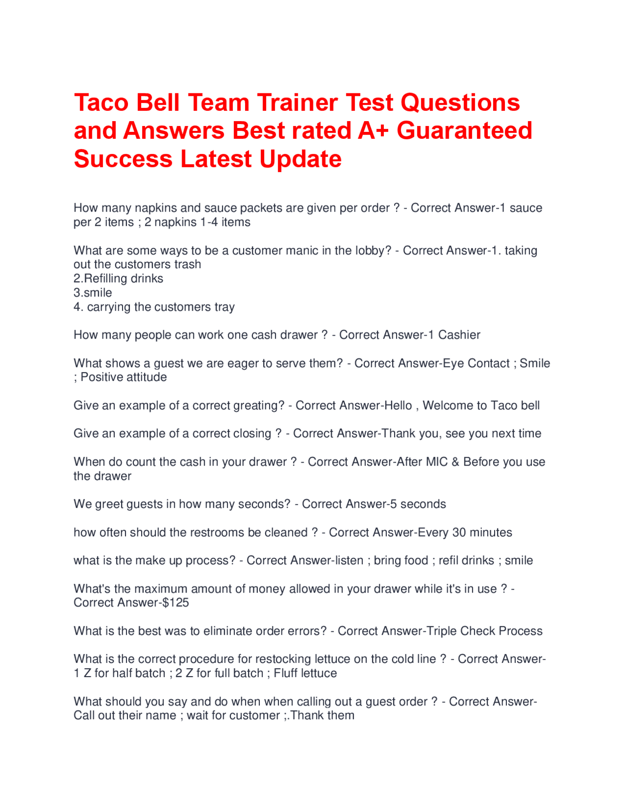 Taco Bell Team Trainer Test Questions and Answers | Exams Advanced ...