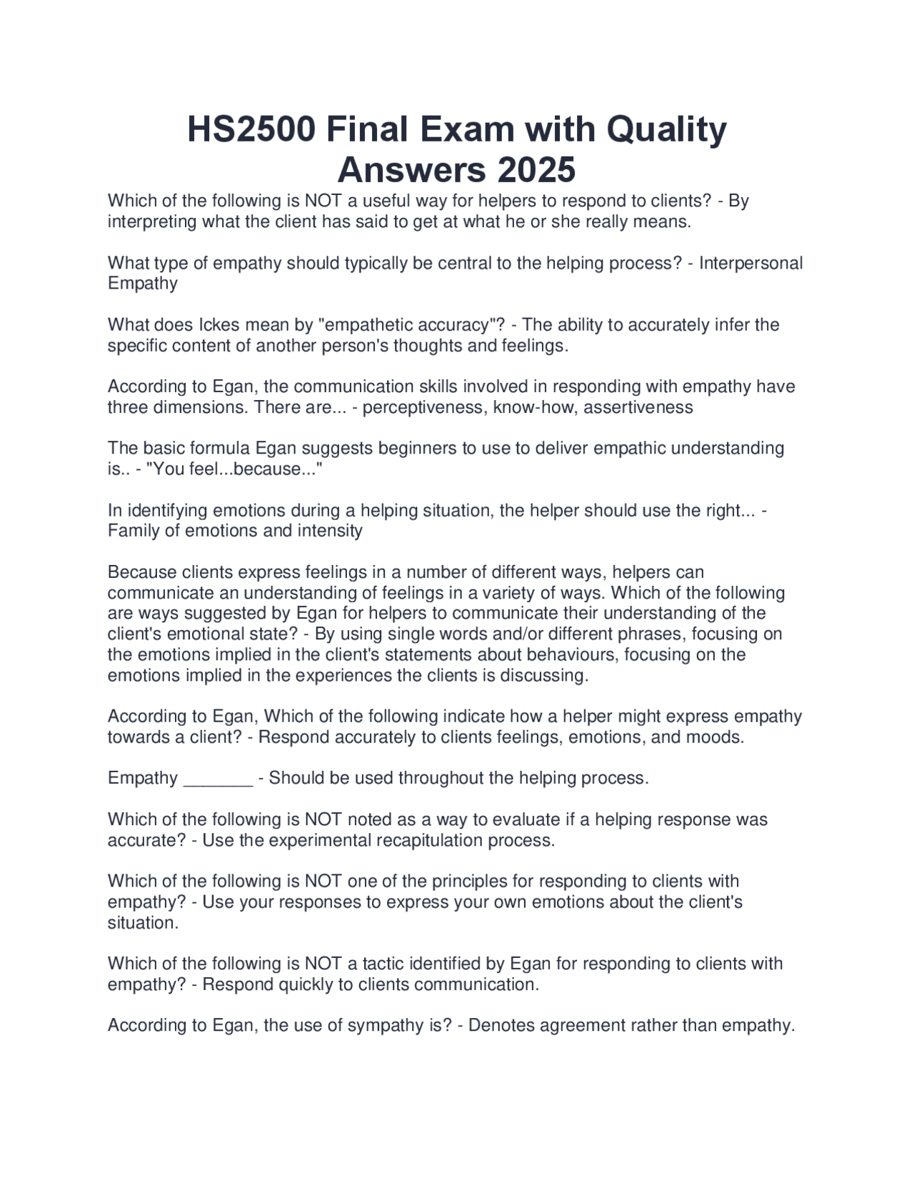 HS2500 Final Exam with Quality Answers 2025: Helping Skills and ...