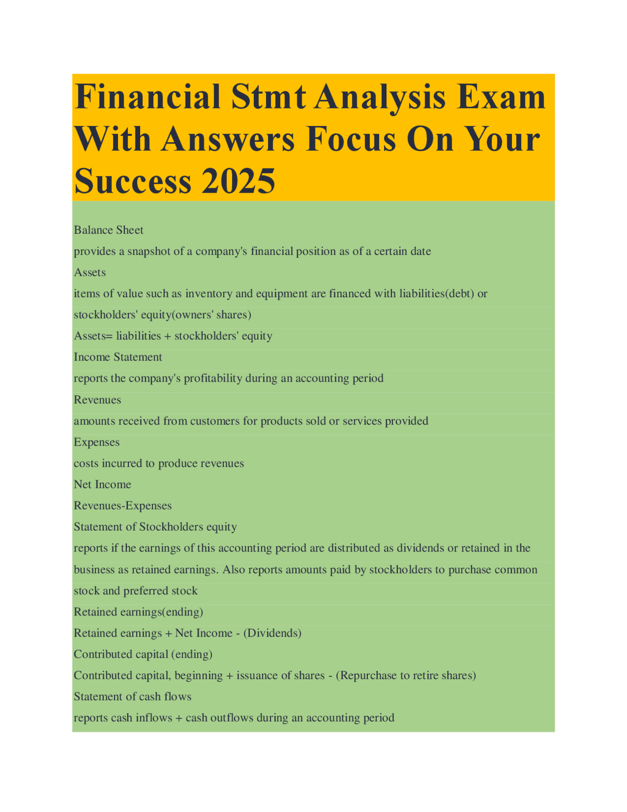 Financial Statement Analysis Exam with Answers: Focus on Your Success 2025 | Exams Finance | Docsity