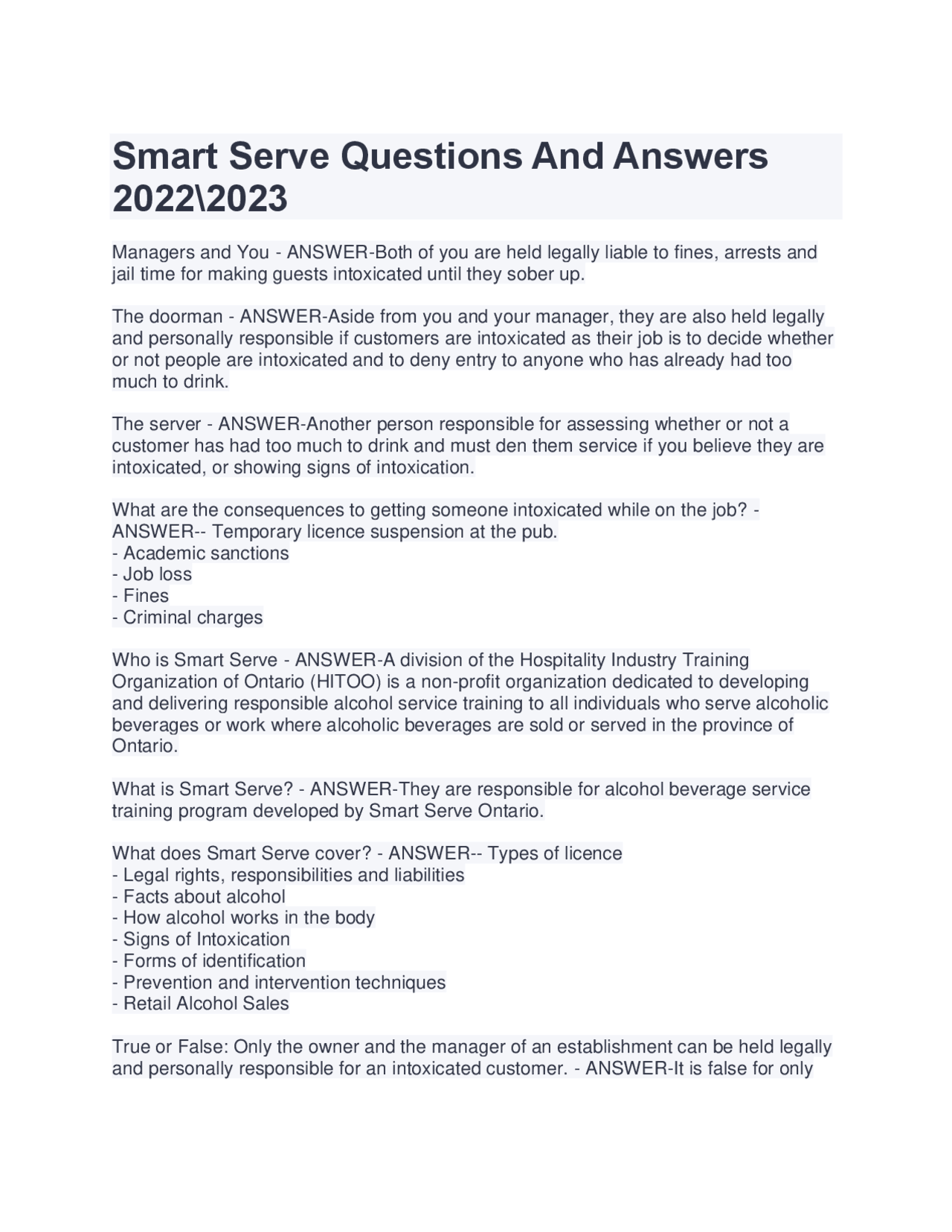 Smart Serve Questions and Answers: A Guide to Responsible Alcohol ...