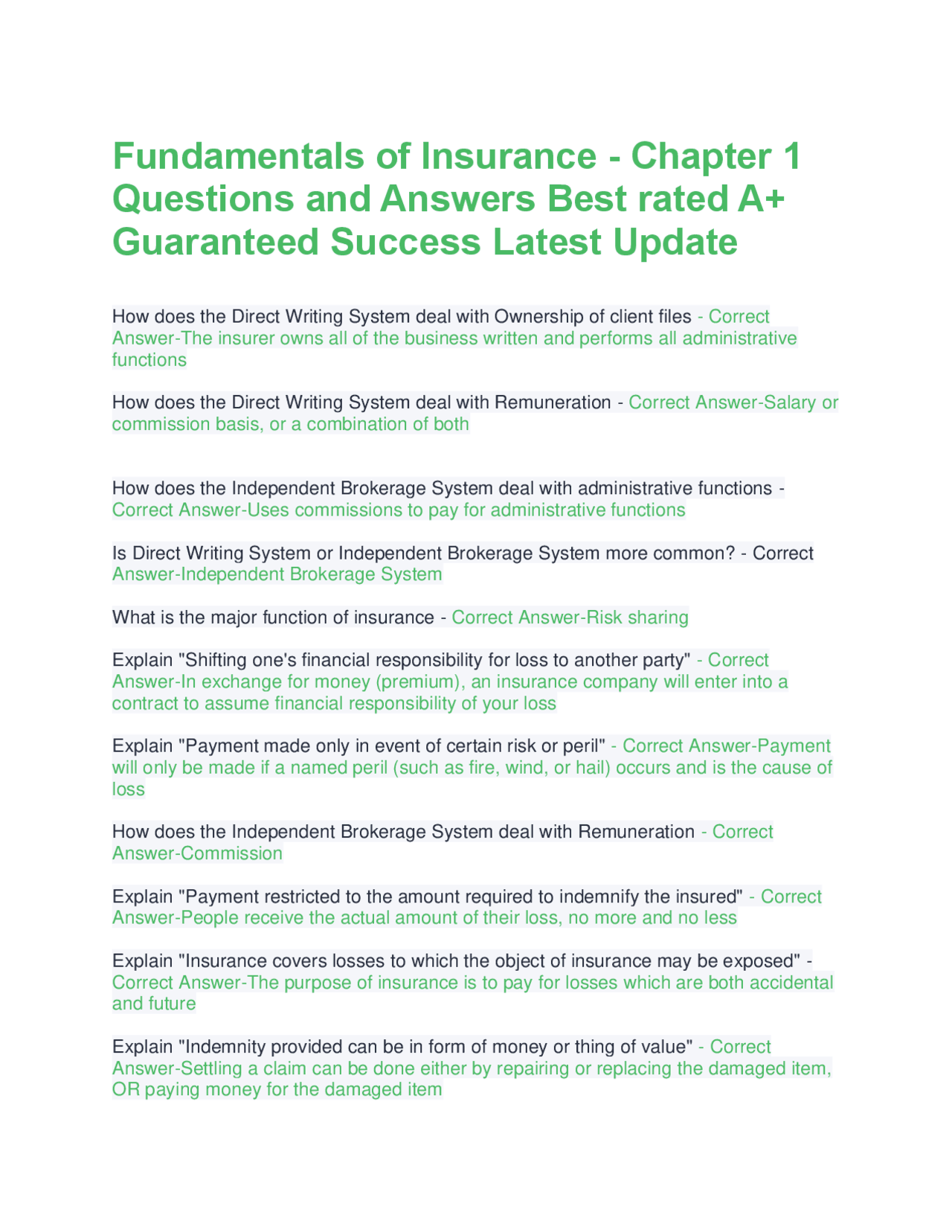 Fundamentals of Insurance: Chapter 1 Questions and Answers | Exams ...