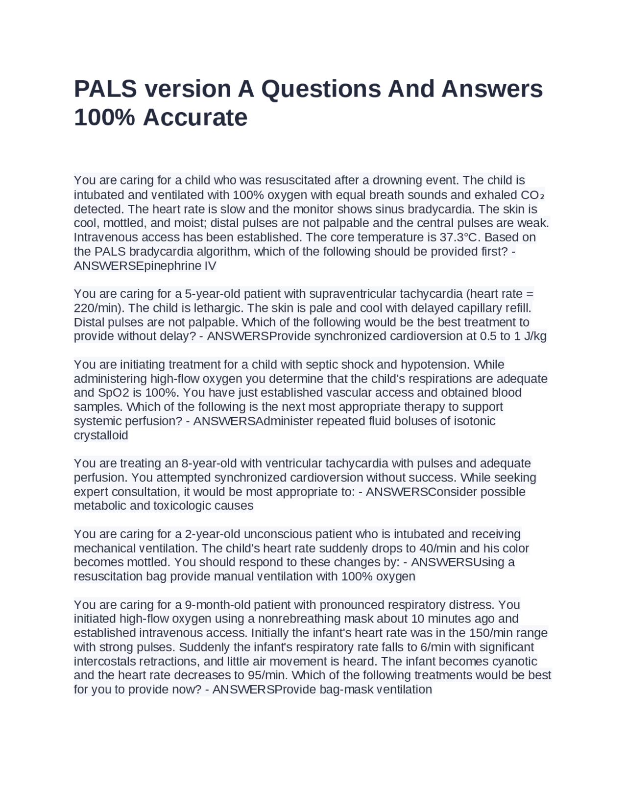 PALS version A Questions And Answers 100% Accurate | Exams Nursing ...