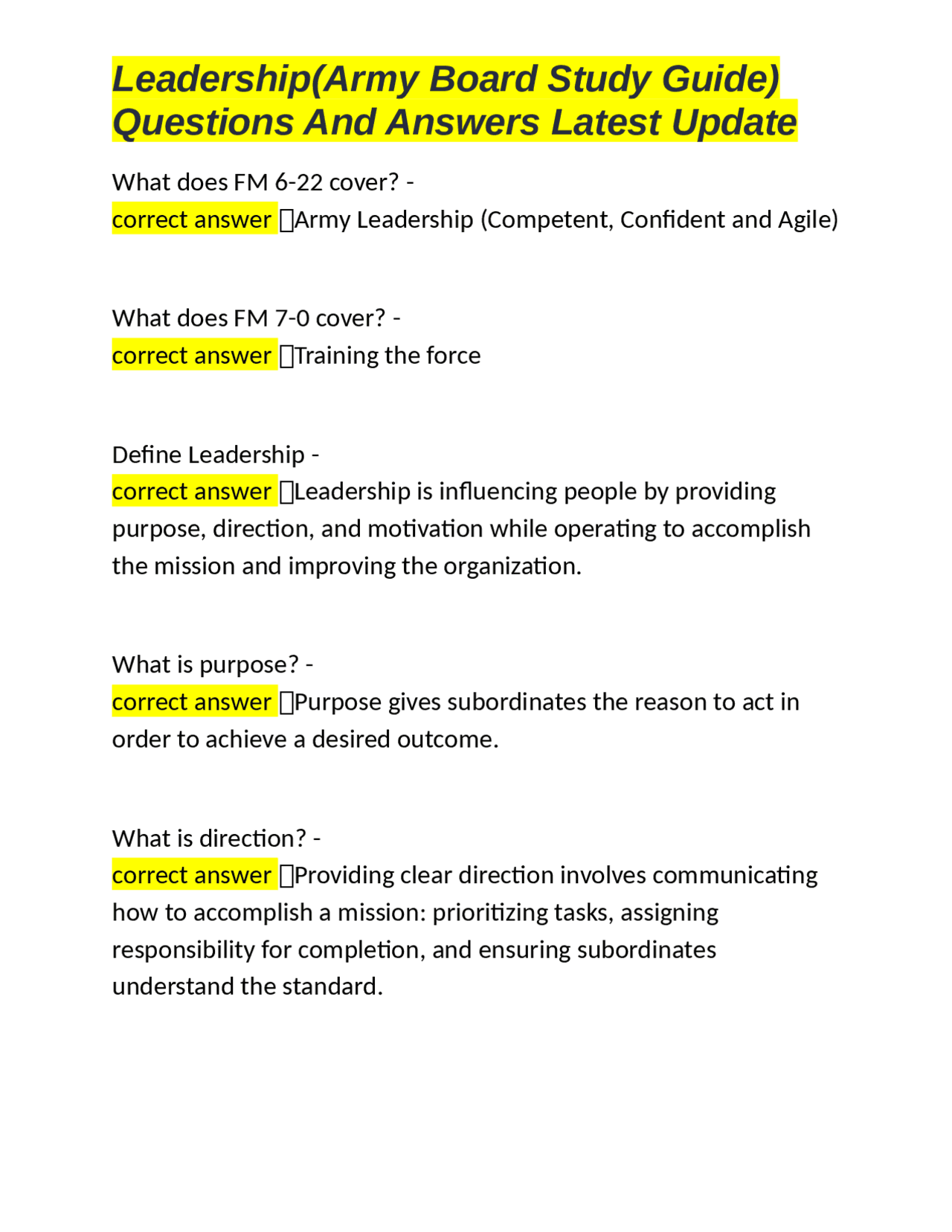 Army Leadership: Questions and Answers Study Guide | Exams Military ...