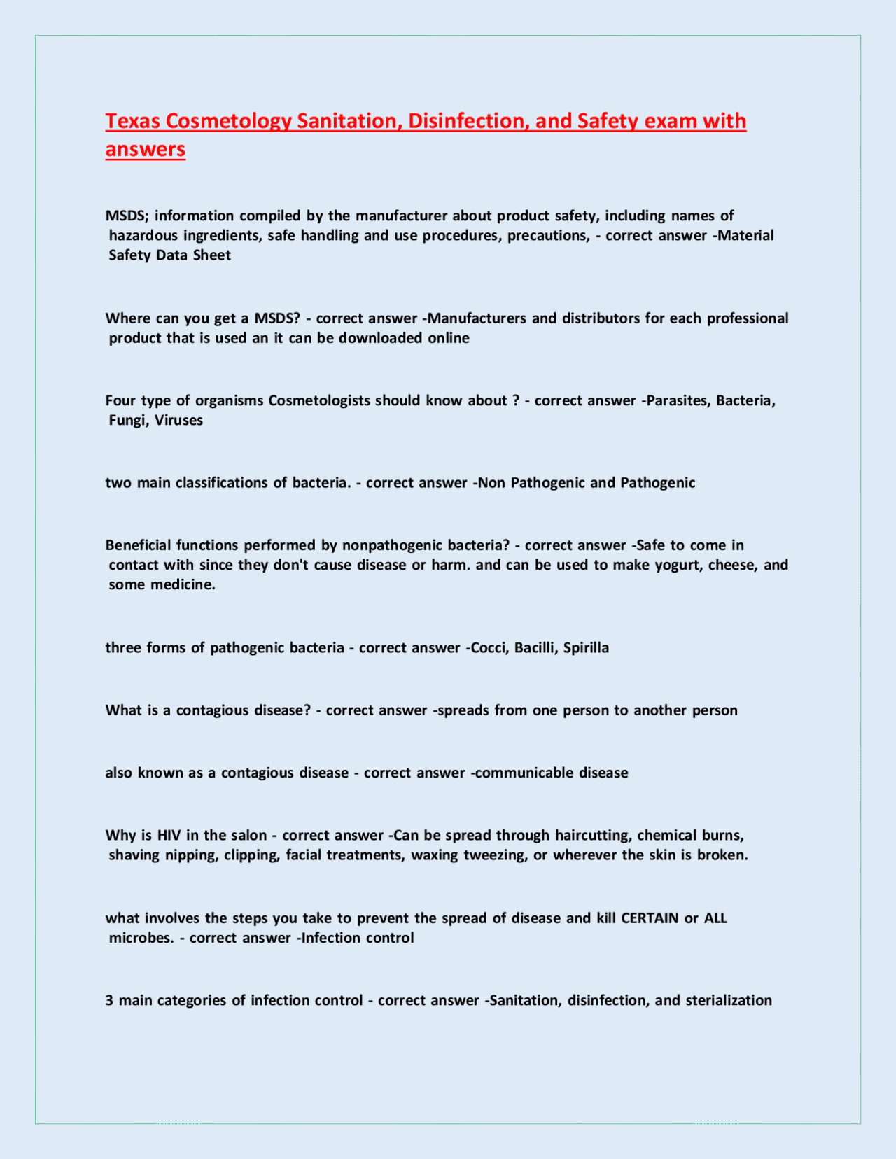 Texas Cosmetology Sanitation, Disinfection, and Safety Exam with ...