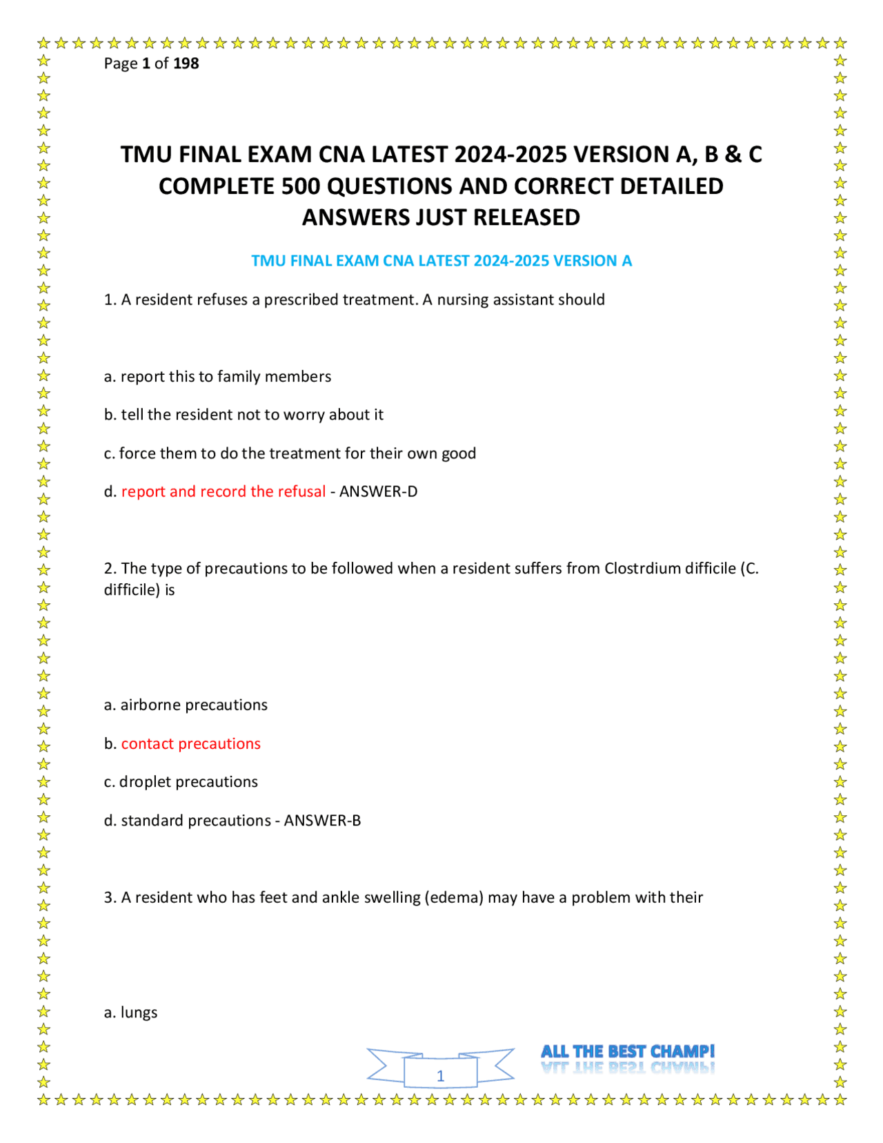 TMU FINAL EXAM CNA LATEST 2024-2025 VERSION A, B & C COMPLETE 500 ...