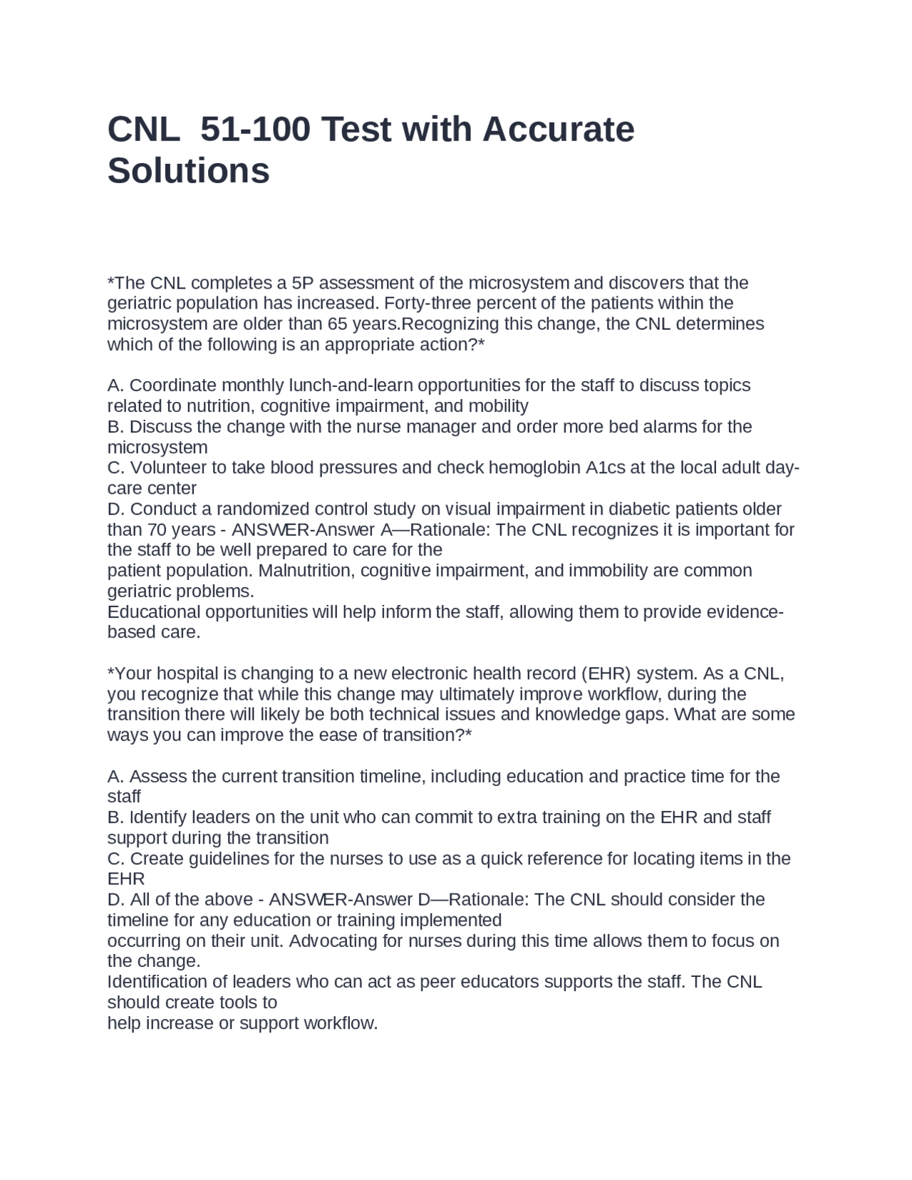 CNL 51-100 Test with Accurate Solutions: Practice Questions for Nursing ...