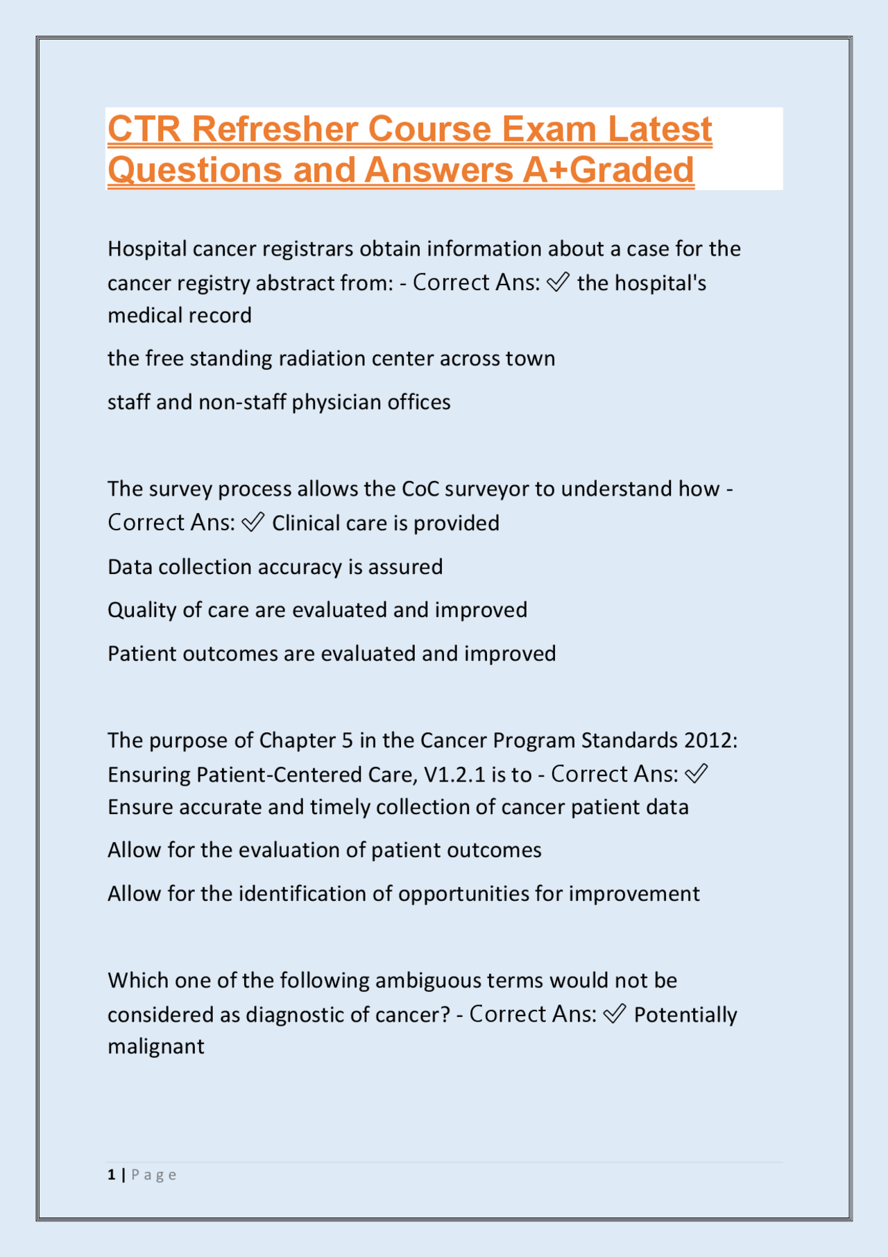 CTR Refresher Course Exam: Questions and Answers | Exams Cancer ...