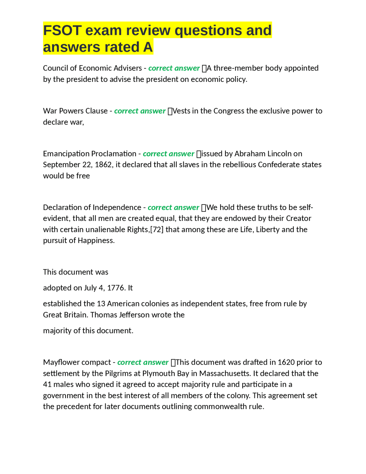 FSOT Exam Review Questions and Answers: US History and Politics | Exams ...