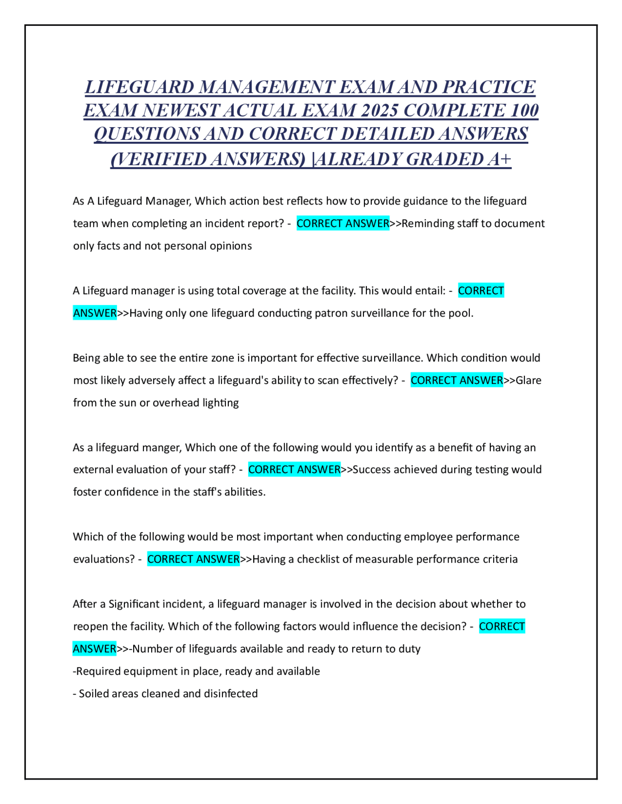 Lifeguard Management Exam and Practice: 2025 Complete 100 Questions and ...