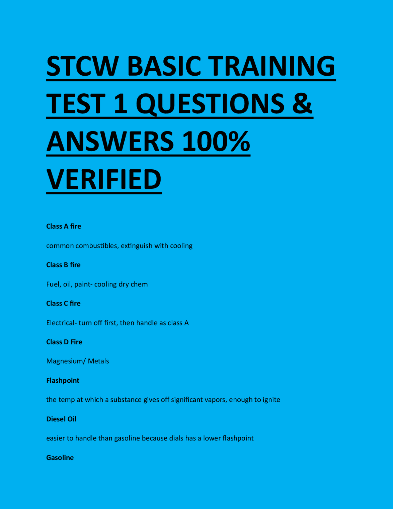 STCW BASIC TRAINING TEST 1 QUESTIONS & ANSWERS 100% VERIFIED | Exams ...