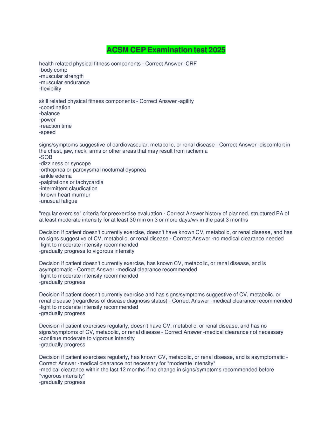 ACSM CEP Examination test 2025 | Exams Medicine | Docsity