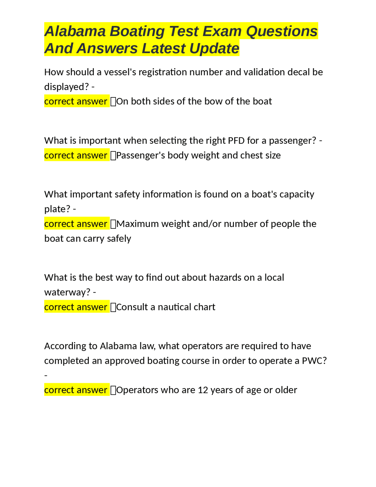 Alabama Boating Test Exam Questions and Answers | Exams Engineering ...