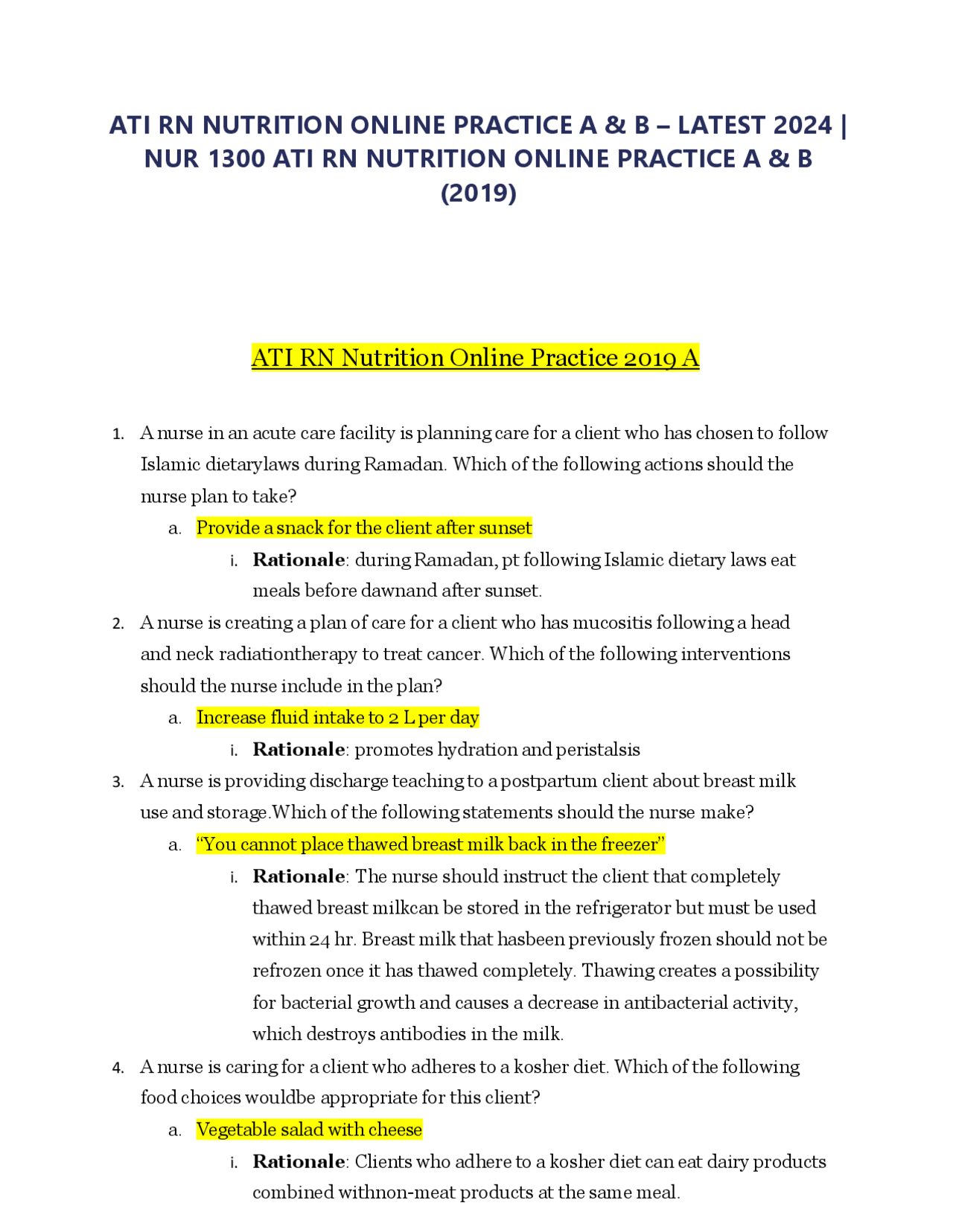 Nutrition Practice Questions for Nursing Students | Exams Nursing | Docsity