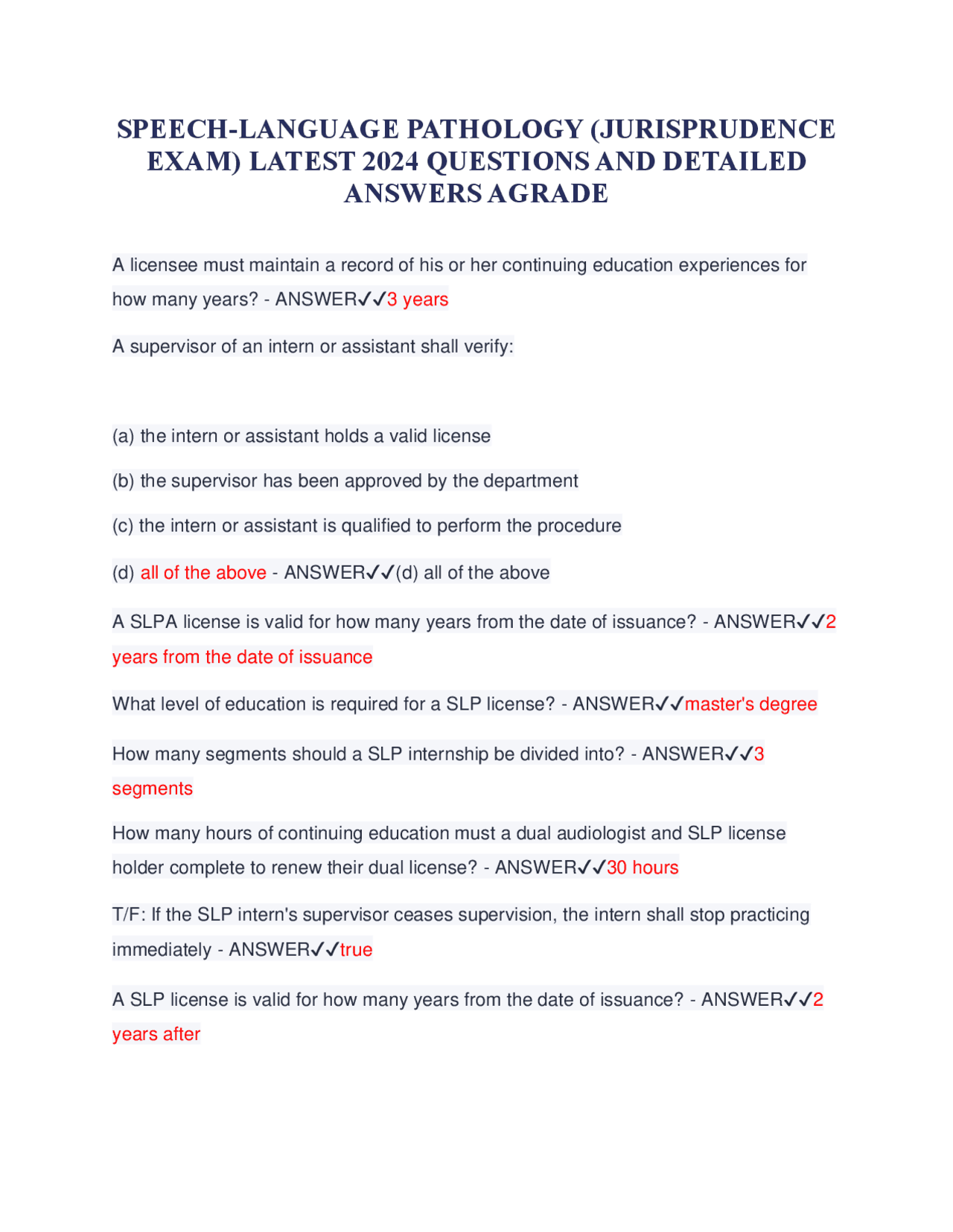 Speech-Language Pathology Jurisprudence Exam Questions and Answers | Exams Nursing | Docsity