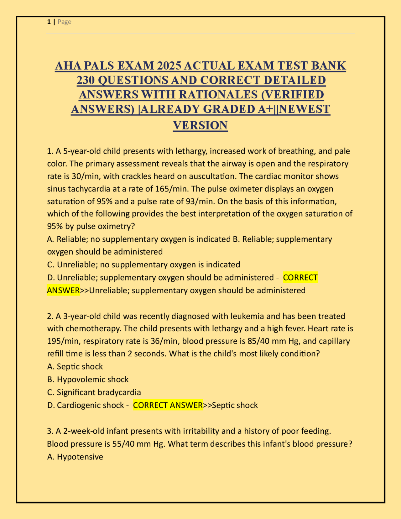 AHA PALS EXAM 2025 ACTUAL EXAM TEST BANK: 230 Questions and Answers ...