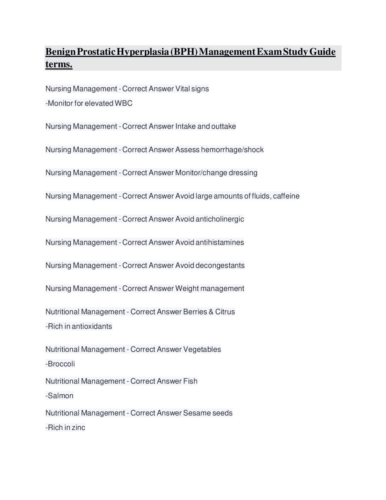 Benign Prostatic Hyperplasia (BPH) Management Exam Study Guide | Exams ...