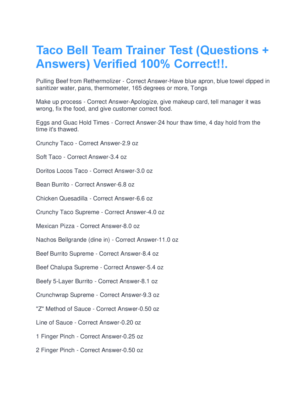 Taco Bell Team Trainer Test: Questions and Answers | Exams Advanced ...
