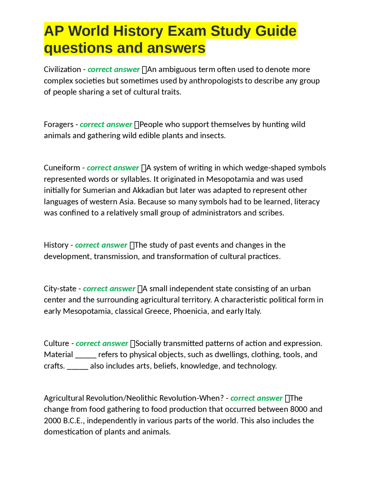 AP World History Exam Study Guide questions and answers | Exams History ...