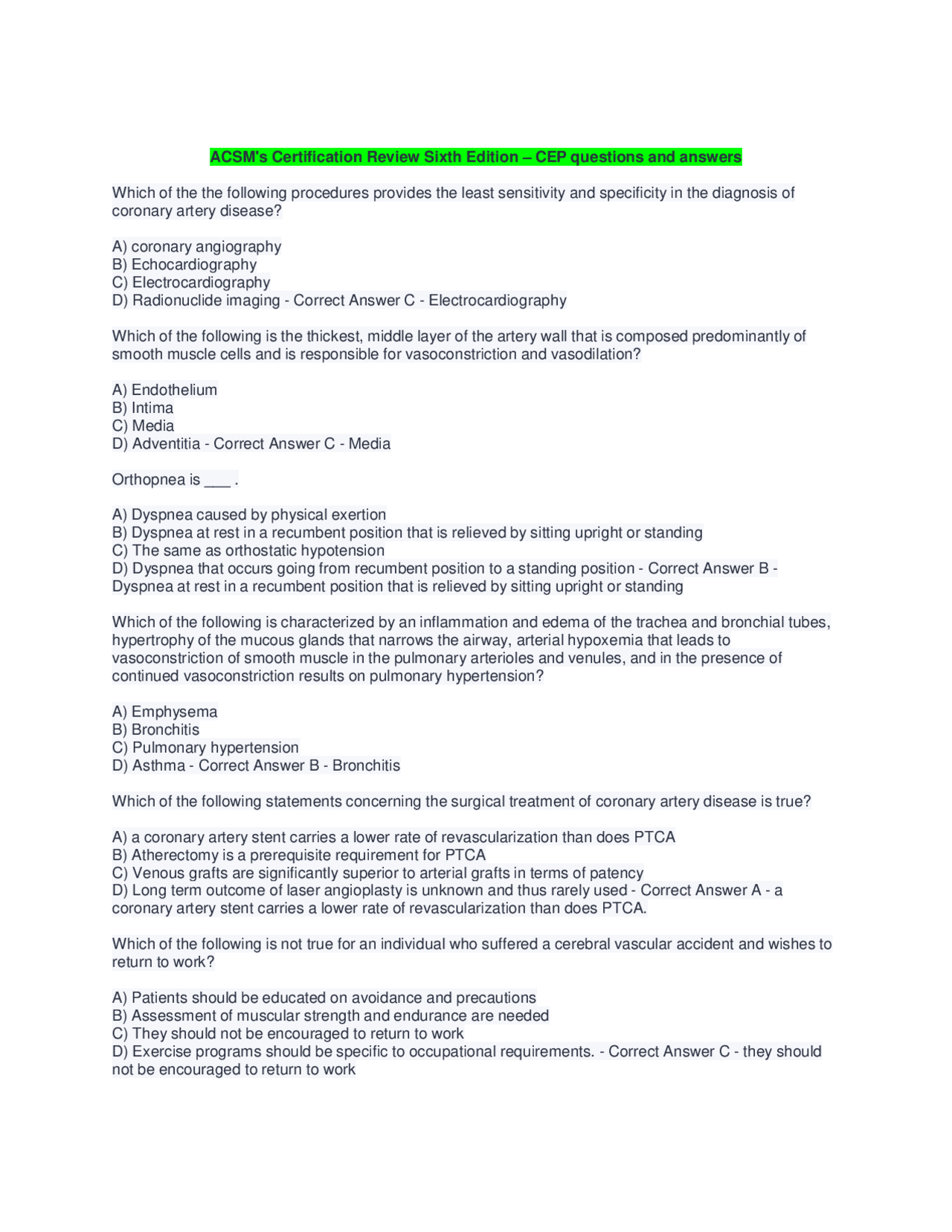ACSM CEP Exam Review: Cardiovascular Health (6th Edition) | Exams ...