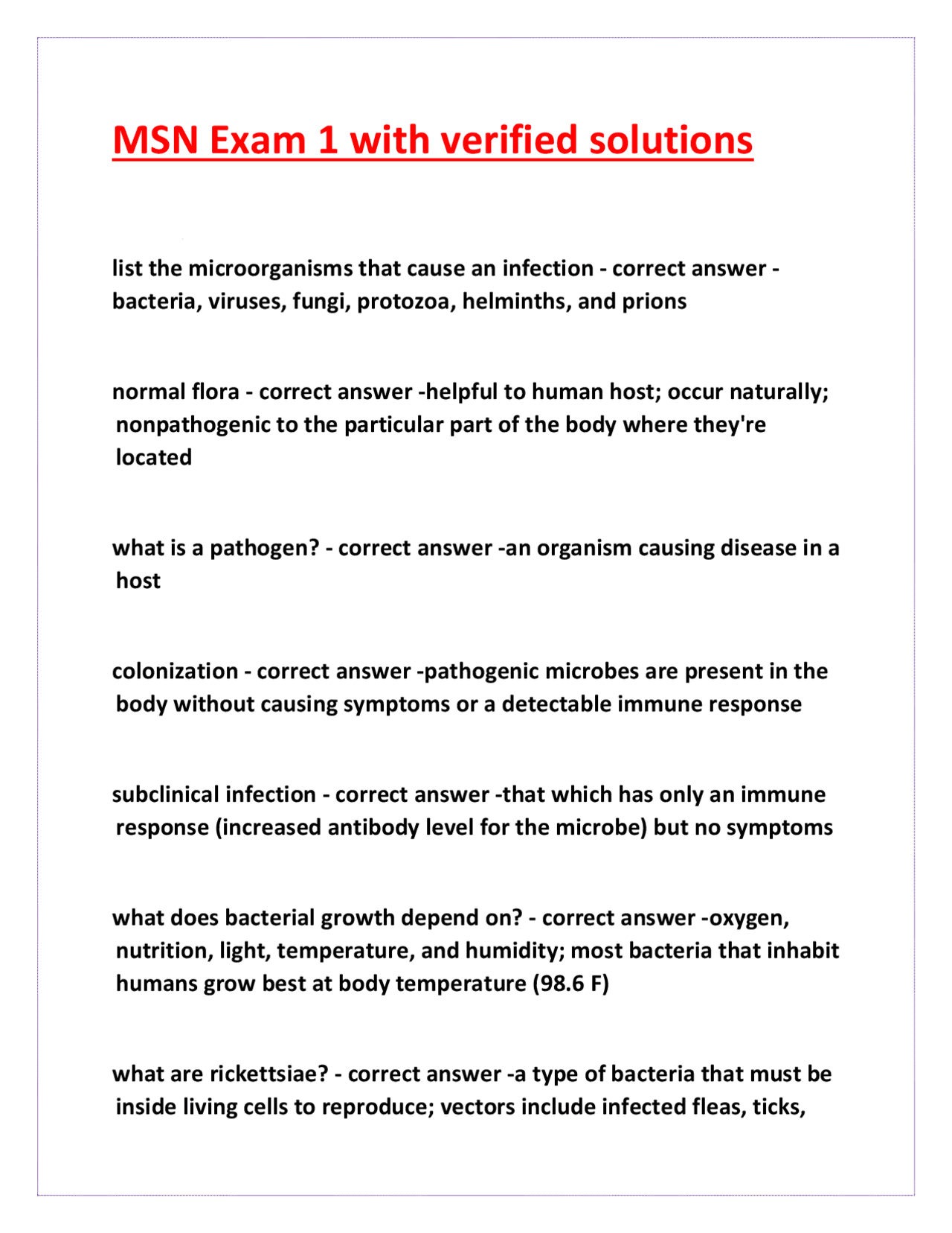 MSN Exam 1: Microbiology and Infection Control | Exams Nursing | Docsity