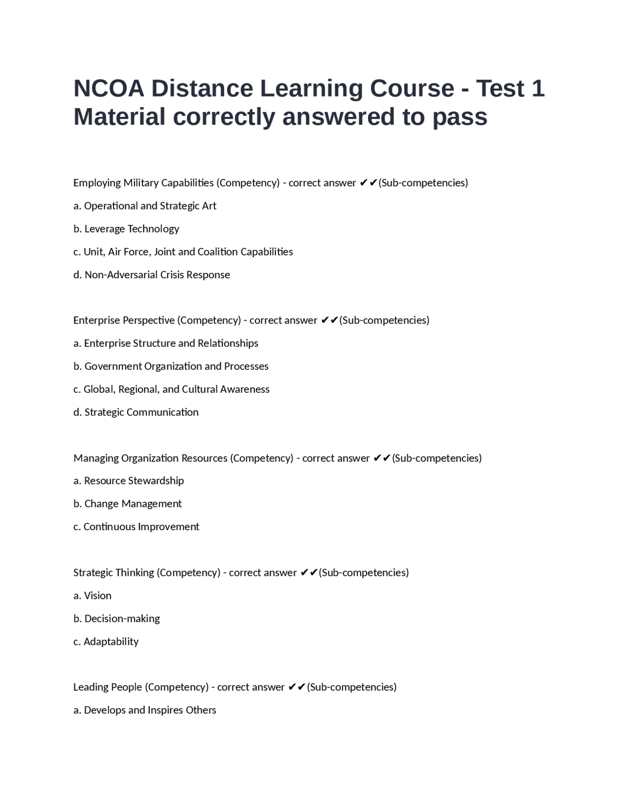 NCOA Distance Learning Course - Test 1 Material correctly answered to ...