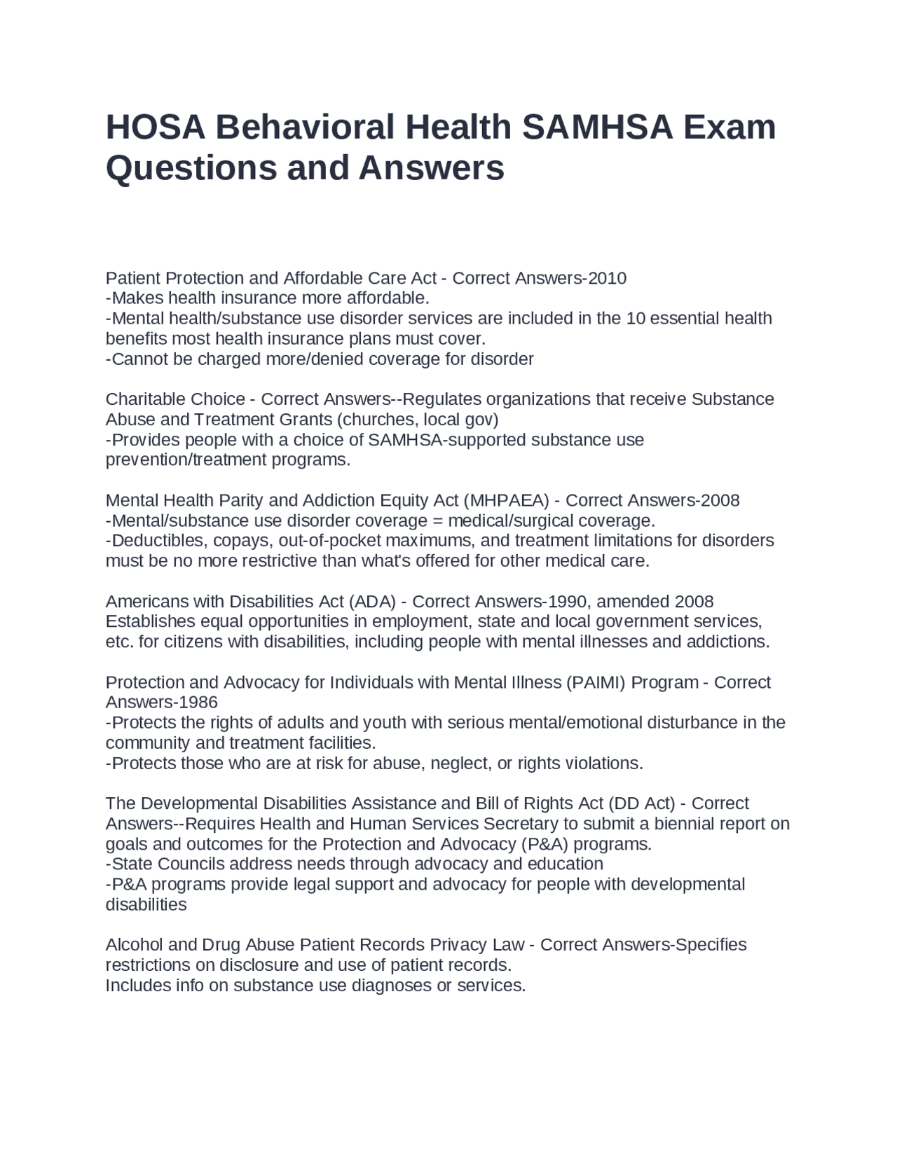 HOSA Behavioral Health SAMHSA Exam: Questions and Answers | Exams ...