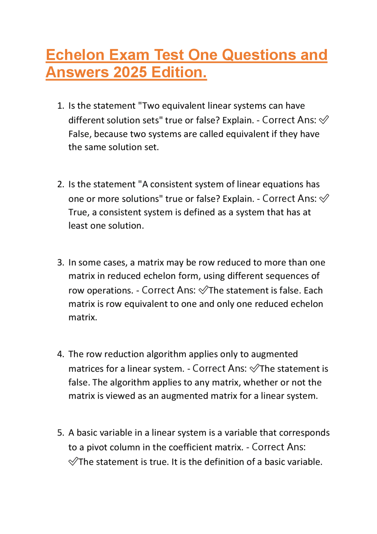 Linear Algebra Exam Questions and Answers: Echelon Form, Systems of Equations, and Vectors ...