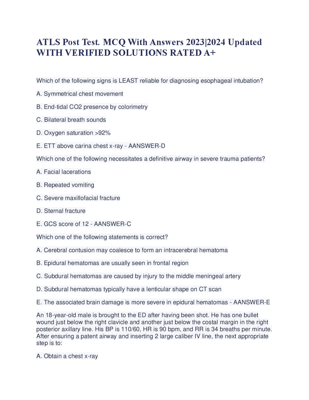 ATLS Post Test: Multiple Choice Questions with Answers (2023-2024 ...