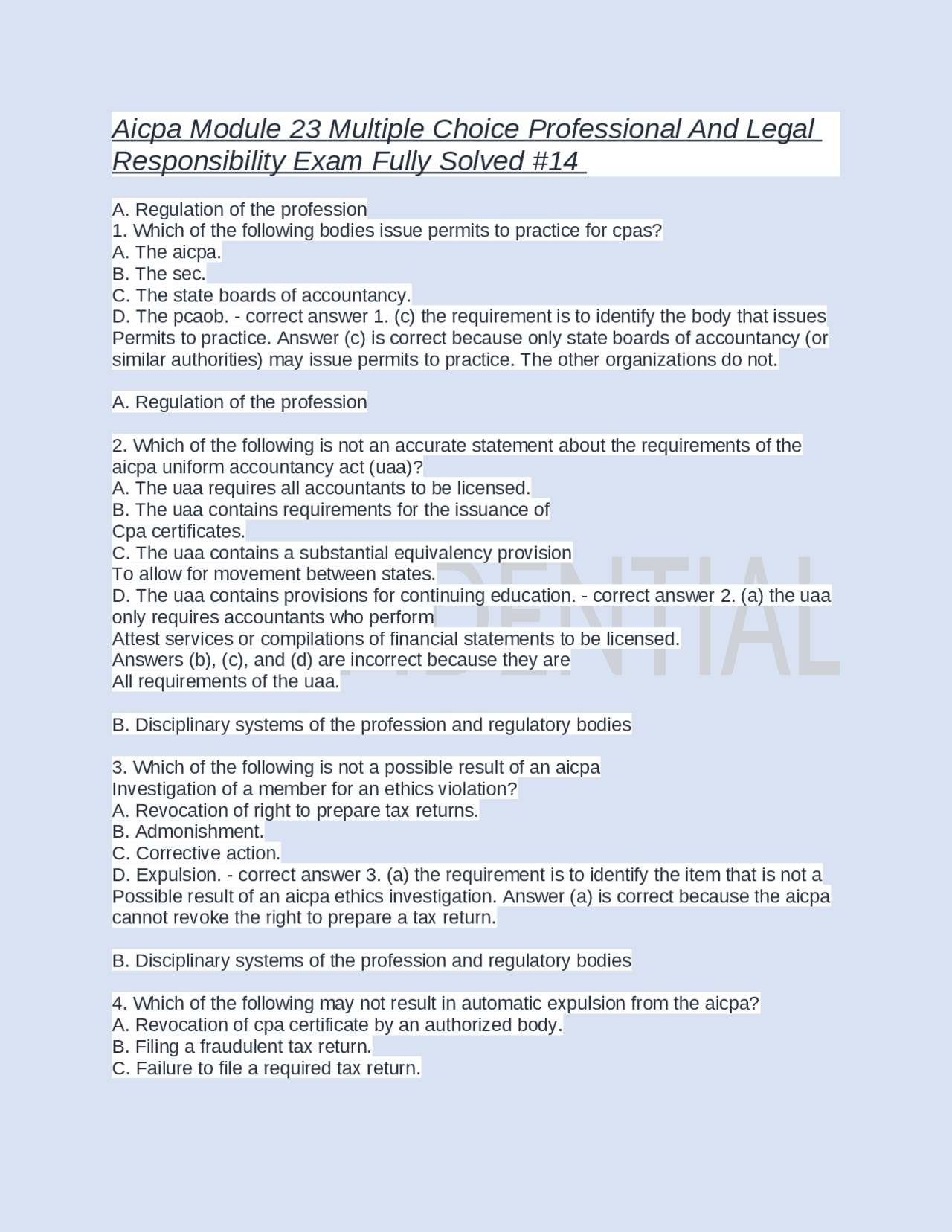 AICPA Module 23: Professional & Legal Responsibility Exam - MCQs & Answers - Prof. Mutamba ...