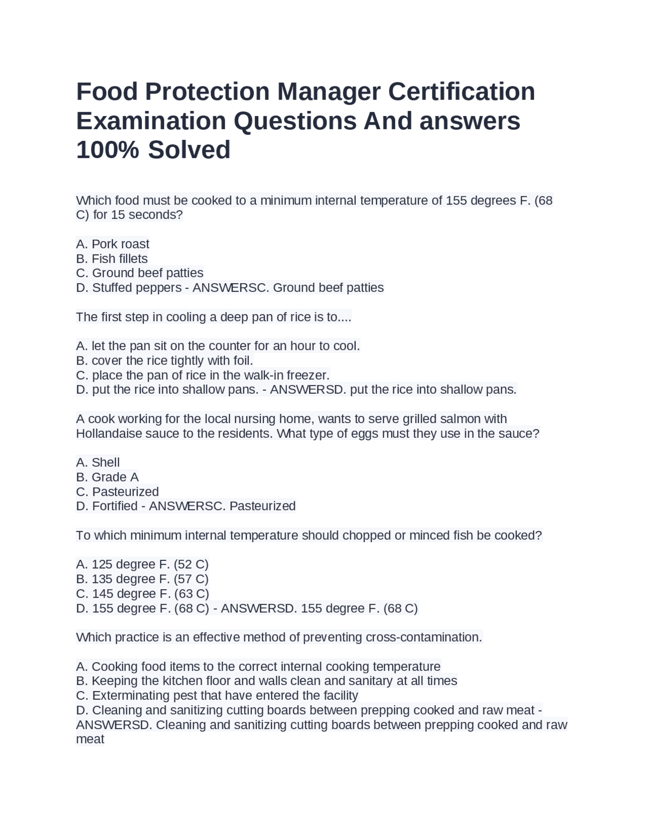 Food Protection Manager Certification Examination Questions and Answers ...