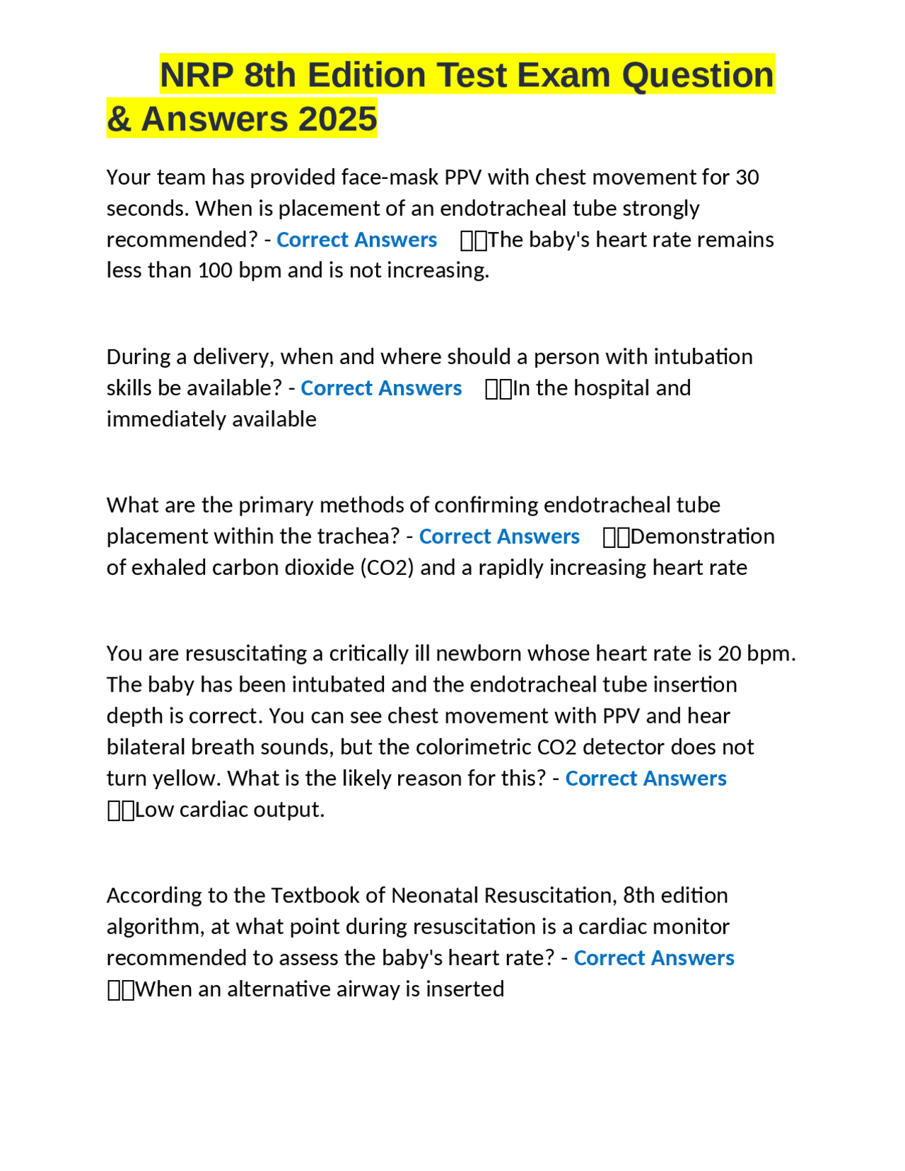 NRP 8th Edition Test Exam Questions & Answers 2025: Neonatal ...