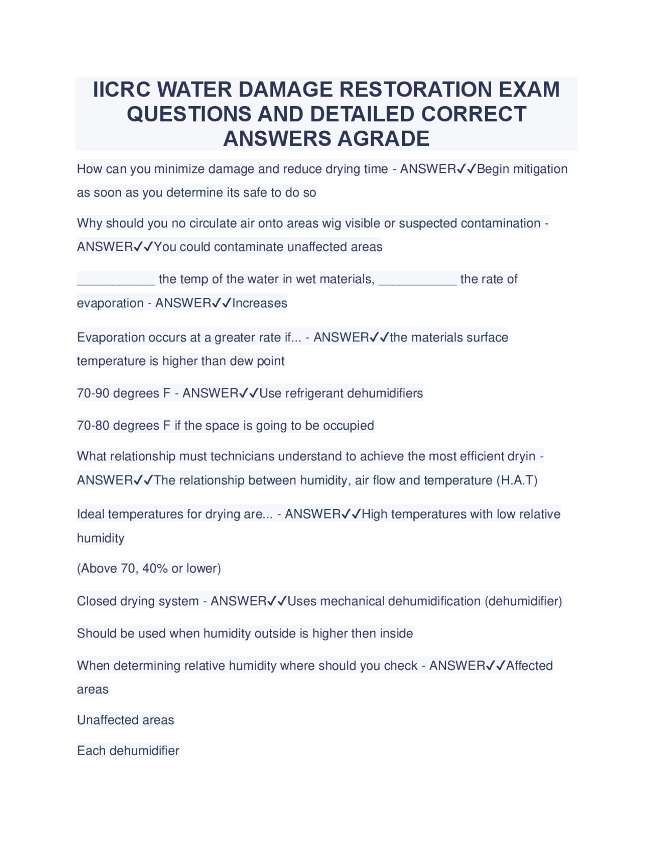 IICRC Water Damage Restoration Exam Questions and Answers | Exams ...