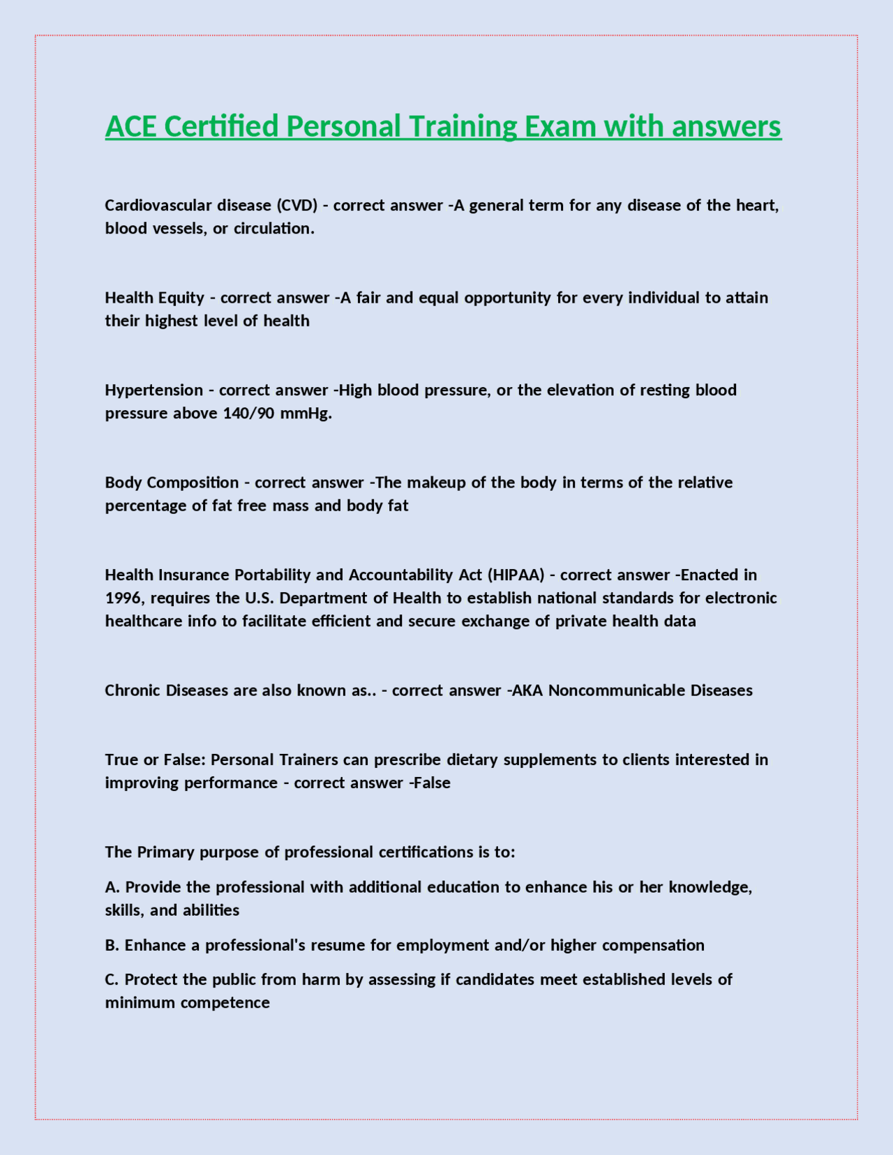 ACE Certified Personal Training Exam with Answers | Exams Nursing | Docsity