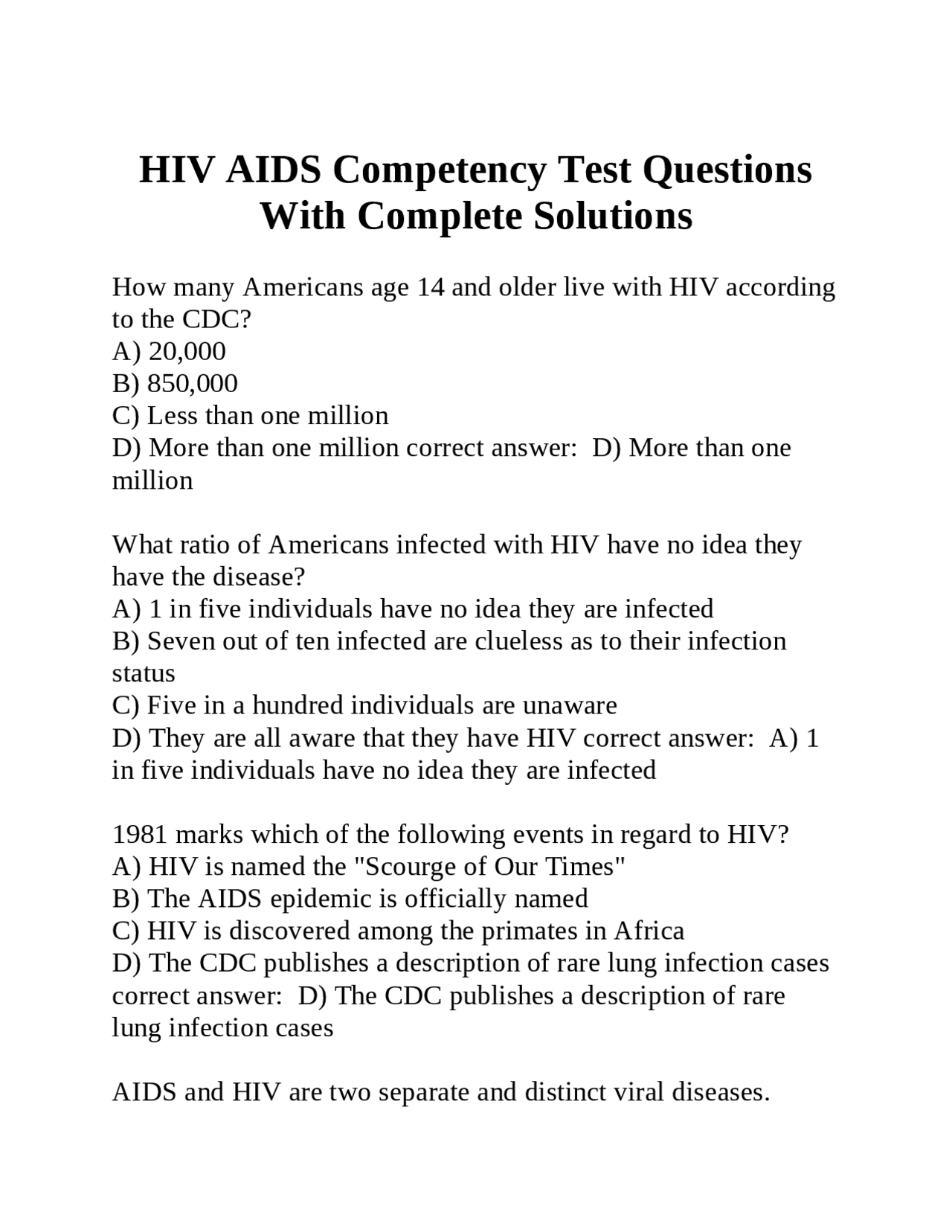 HIV AIDS Competency Test Questions With Complete Solutions | Exams ...