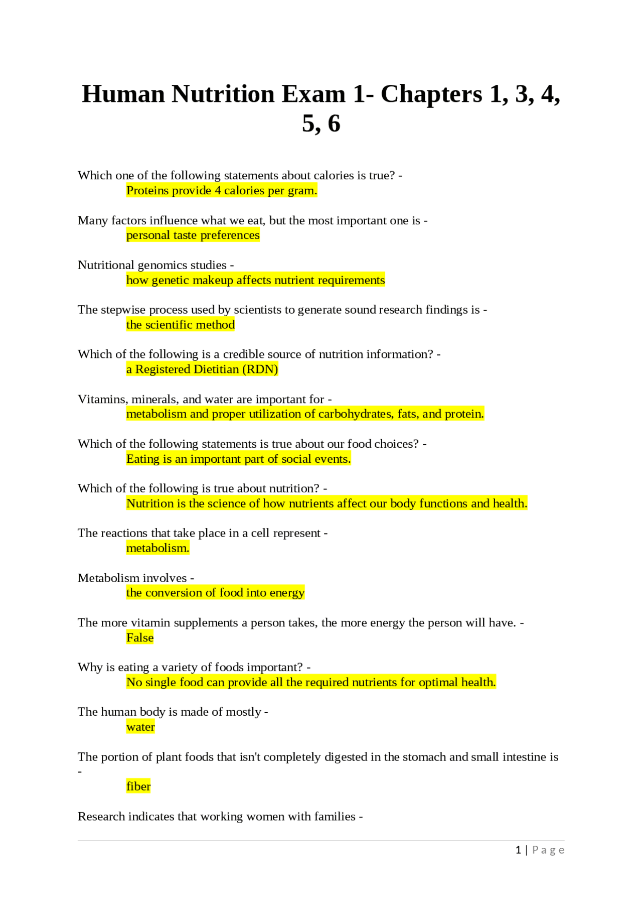 Human Nutrition Exam 1: Chapters 1, 3, 4, 5, 6 | Exams Dentistry | Docsity