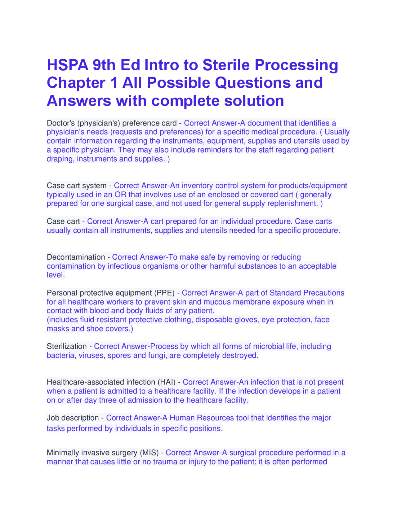 HSPA 9th Ed Intro to Sterile Processing Chapter 1 All Possible Questions and Answers with ...