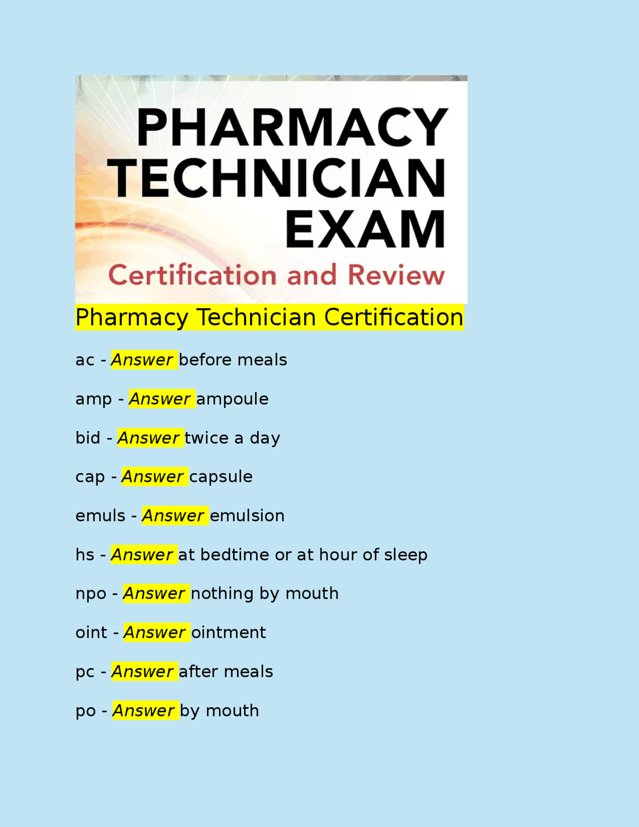 Pharmacy Technician Abbreviations and Definitions | Exams Nursing | Docsity