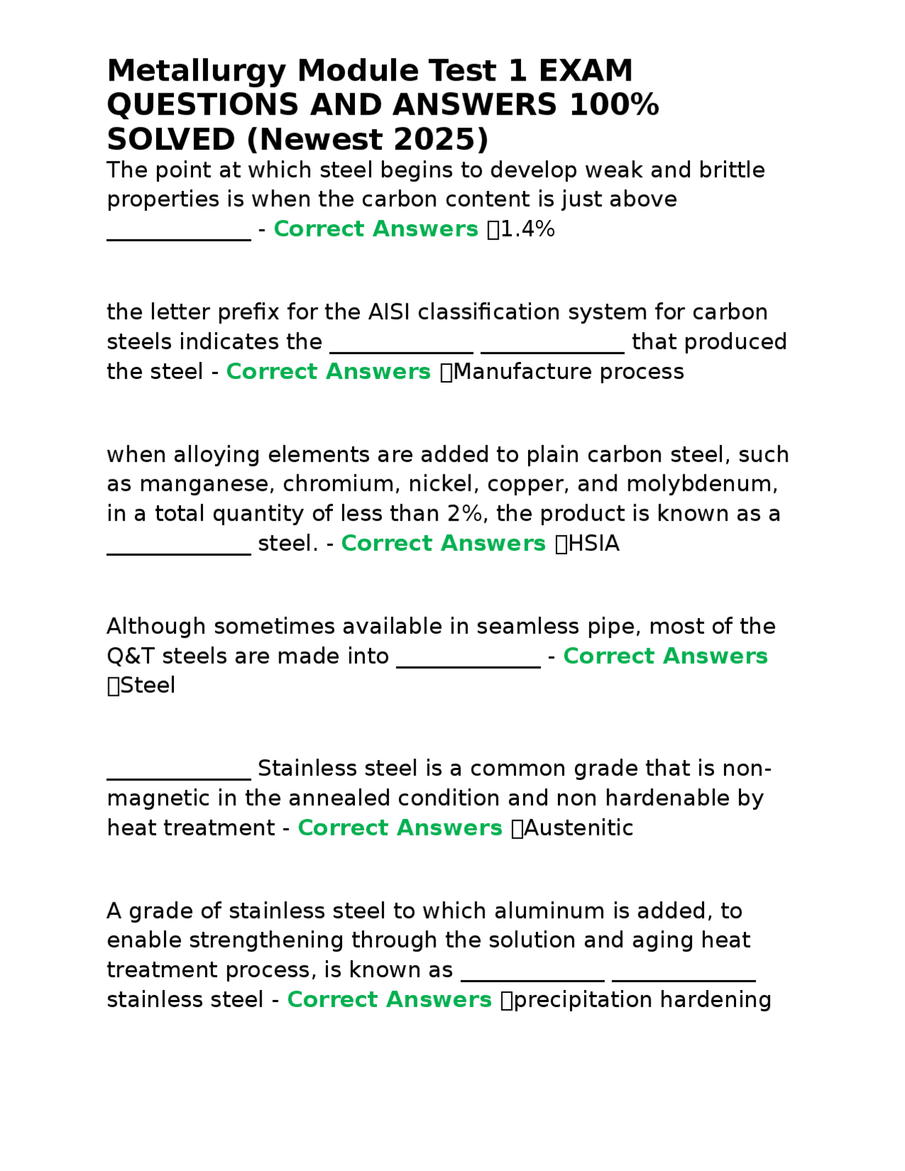 Metallurgy Module Test 1 EXAM QUESTIONS AND ANSWERS 100% SOLVED (Newest ...