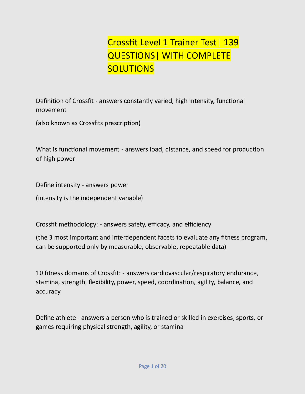 Crossfit Level 1 Trainer Test: Questions and Solutions | Exams ...