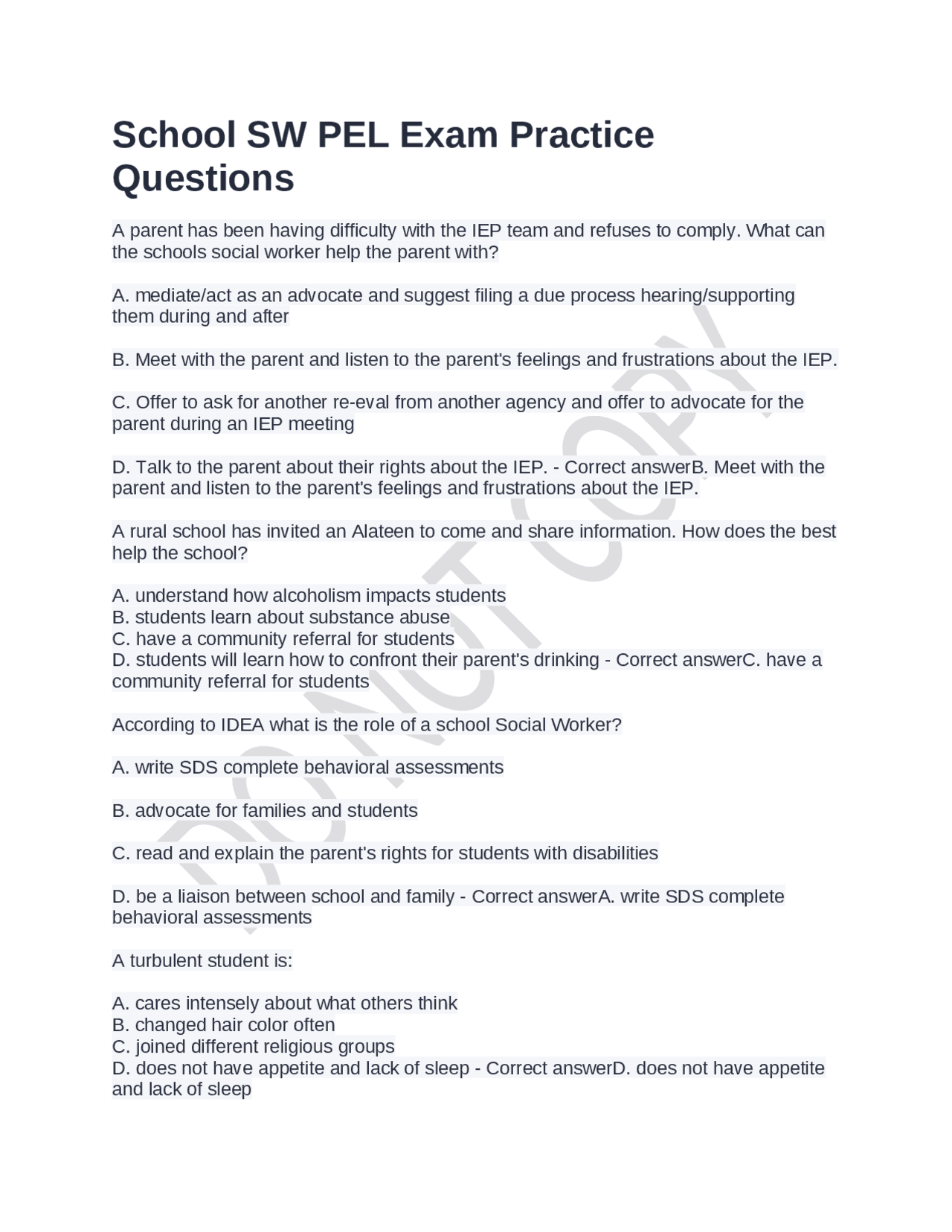 School SW PEL Exam Practice Questions | Exams Nursing | Docsity