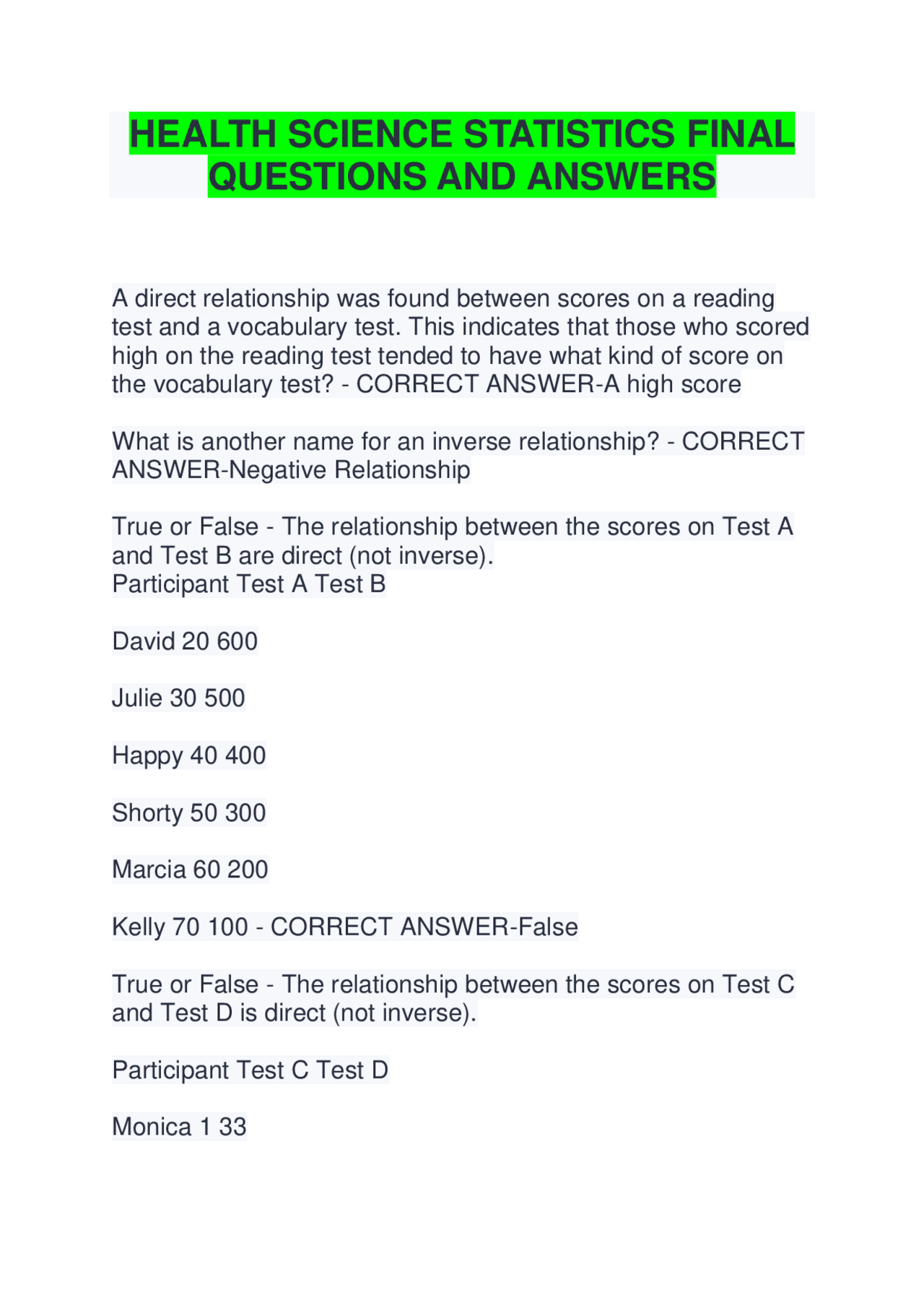 HEALTH SCIENCE STATISTICS FINAL QUESTIONS AND ANSWERS 2025/2026 | Exams ...
