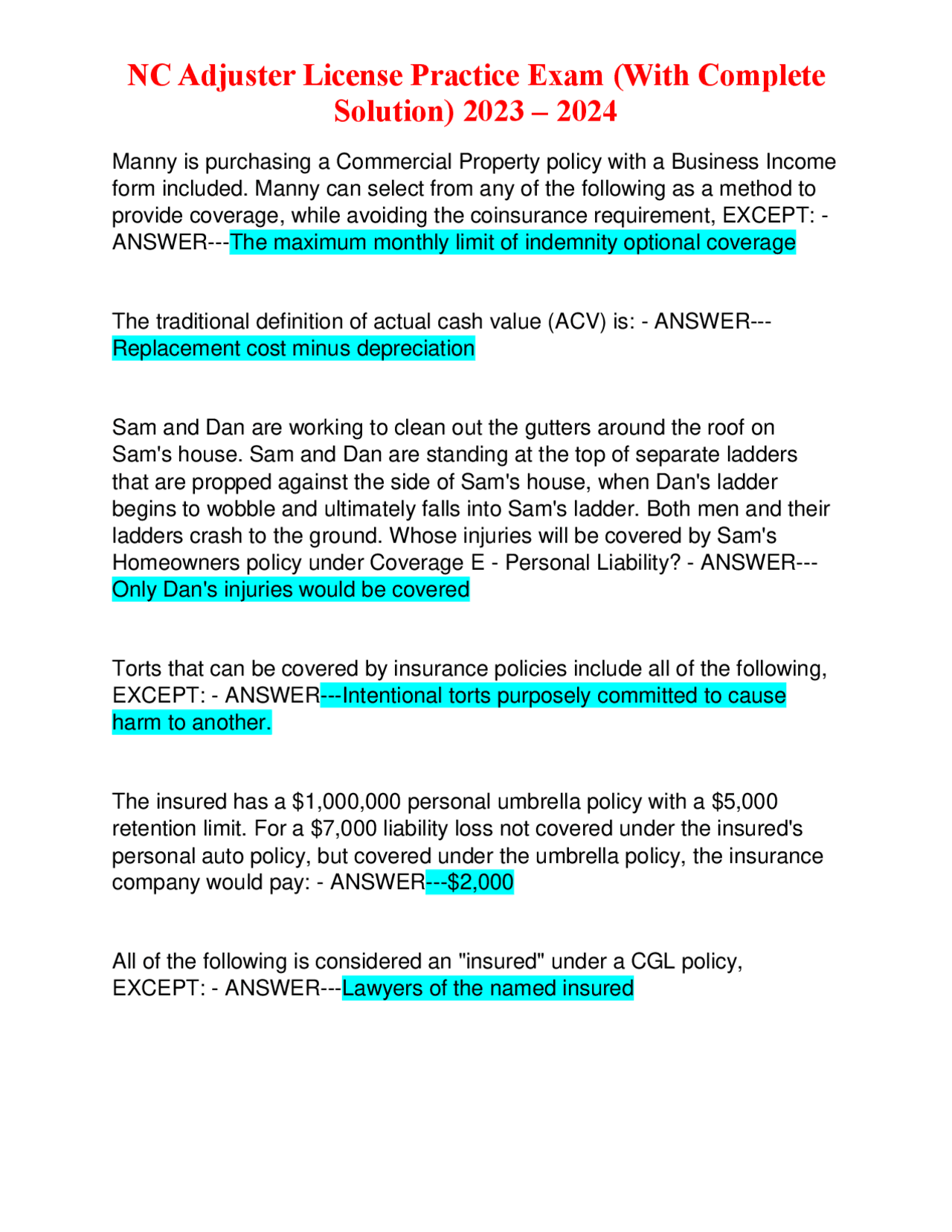 NC Adjuster License Practice Exam (With Complete Solution) 2023 – 2024 ...