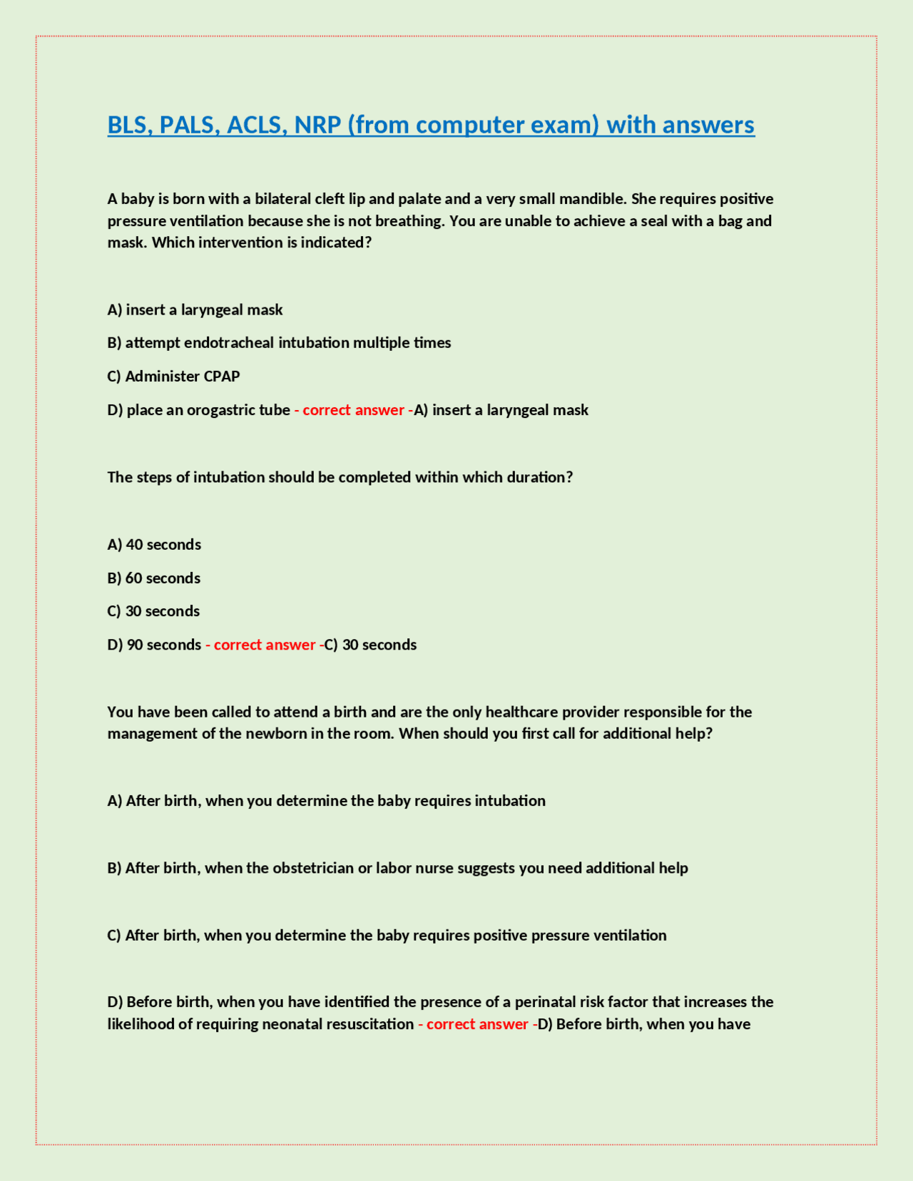 Neonatal Resuscitation Practice Questions and Answers | Exams Nursing ...