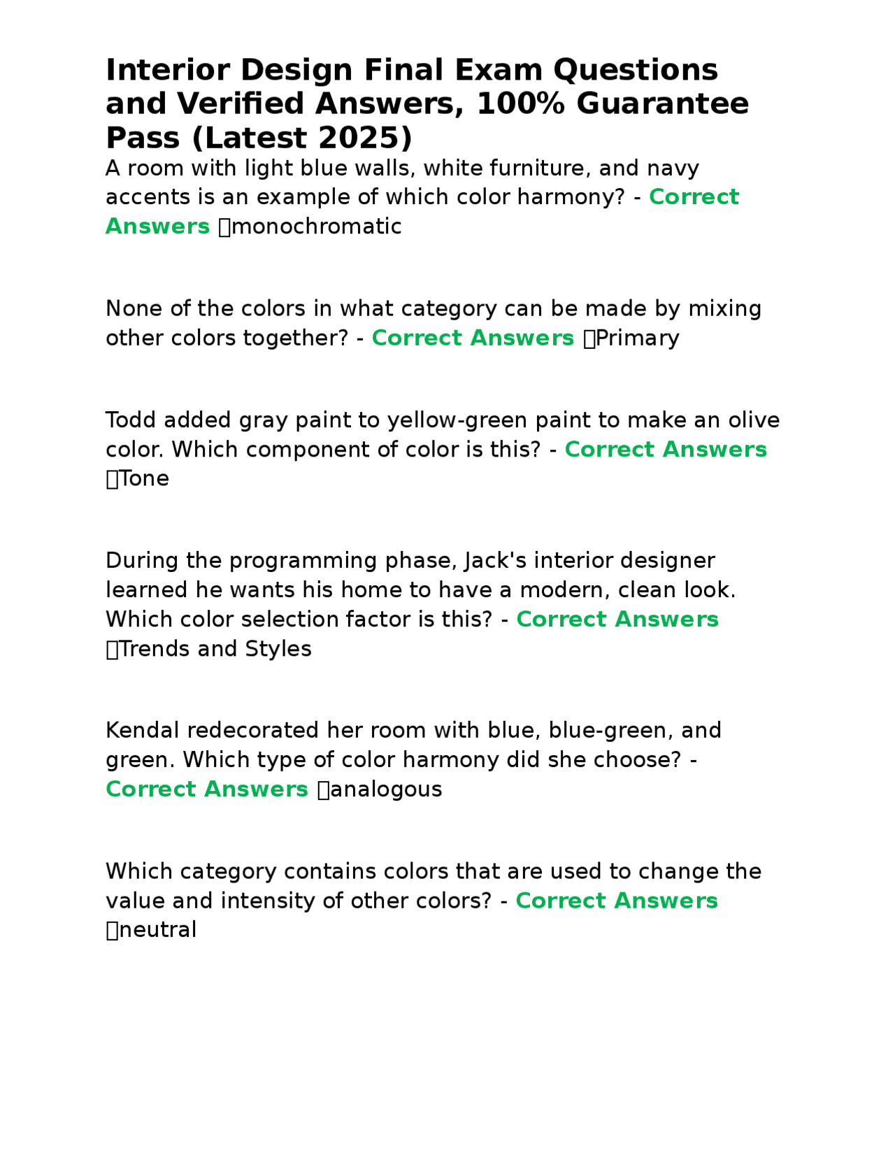 Interior Design Final Exam Questions and Answers | Exams Nursing | Docsity