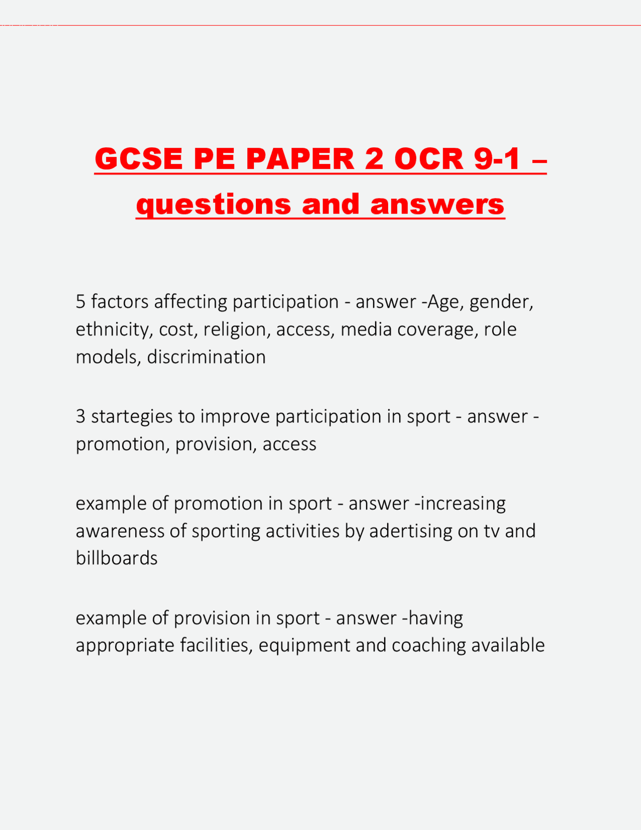 GCSE PE Paper 2 OCR 9-1: Questions and Answers | Exams Nursing | Docsity