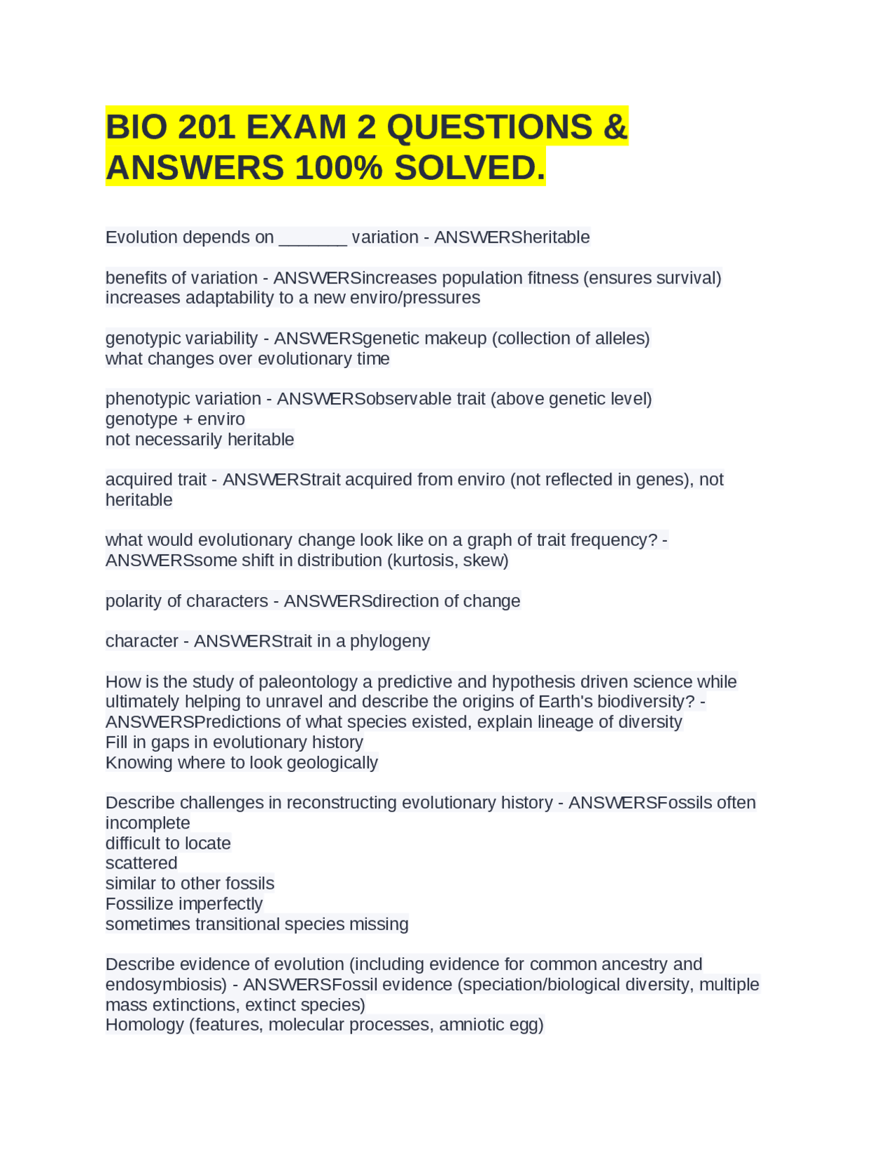 BIO 201 Exam 2 Questions & Answers: Evolutionary Biology | Exams ...