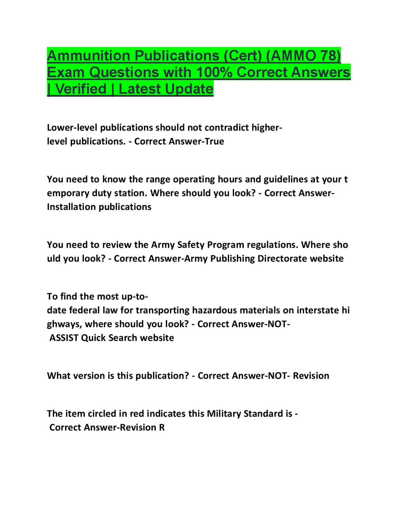 Ammunition Publications (Cert) (AMMO 78) Exam Questions with 100% Correct Answers | Verifi ...