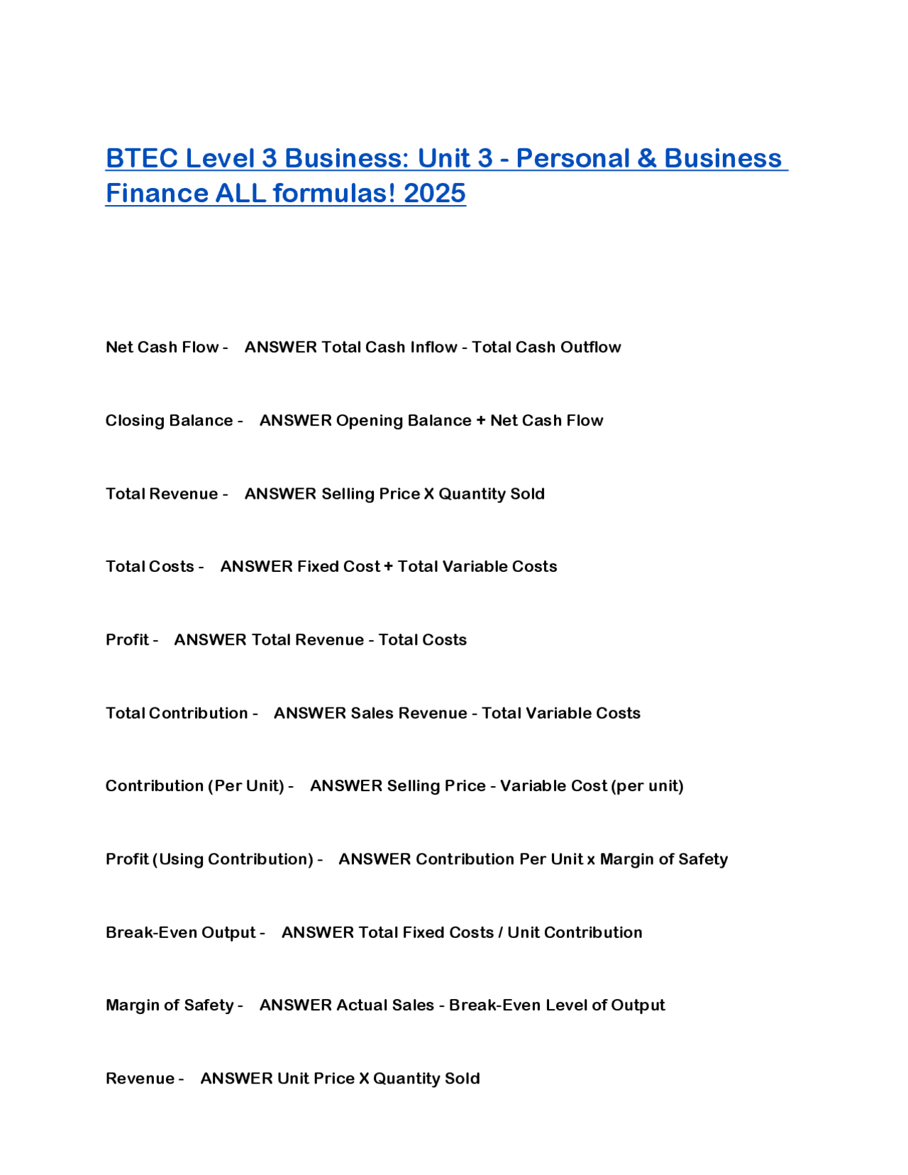 BTEC Level 3 Business: Unit 3 - Personal & Business Finance Formulas | Exams Business Finance ...