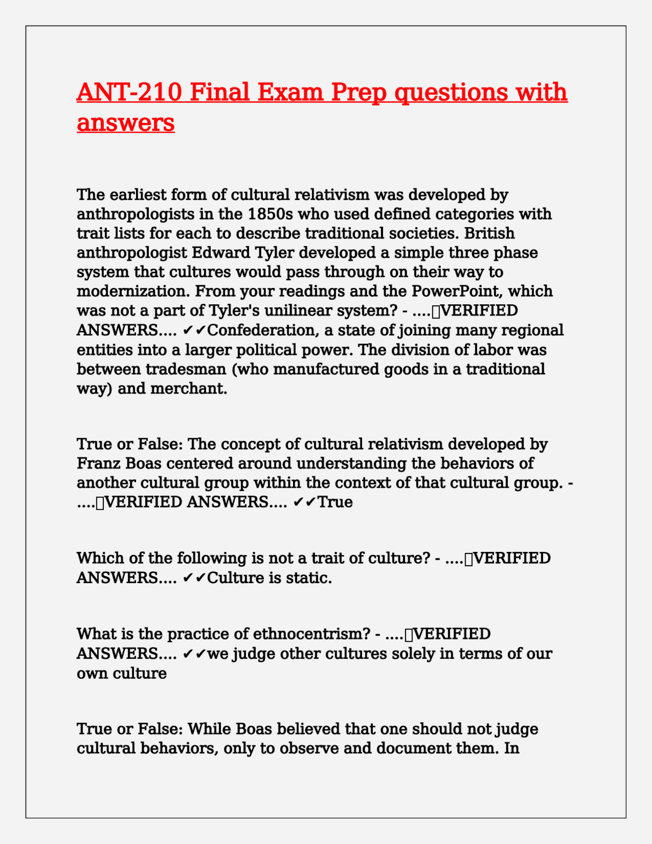 Final Exam Prep: Cultural Relativism, Ethnocentrism, and Social ...