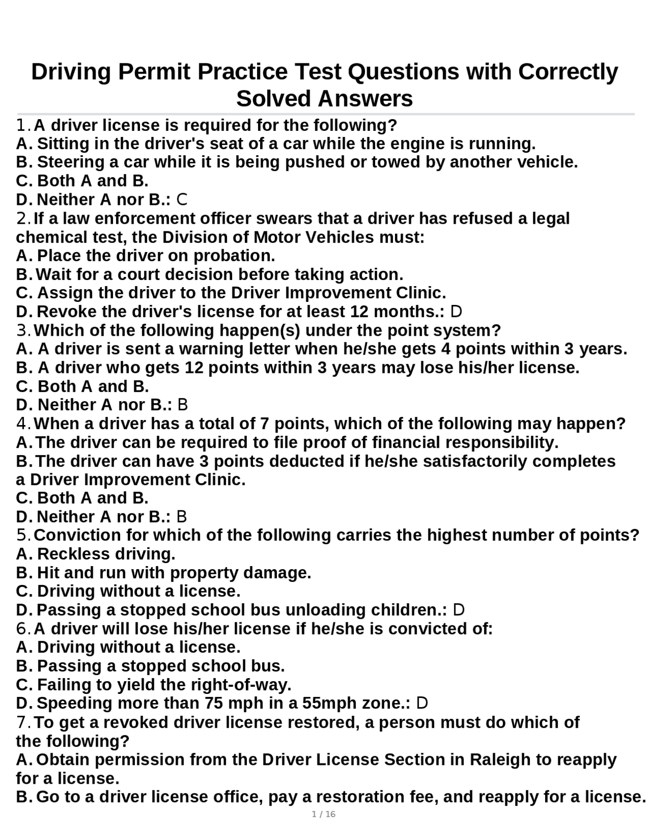 Driving Permit Practice Test Questions with Correctly Solved Answers ...